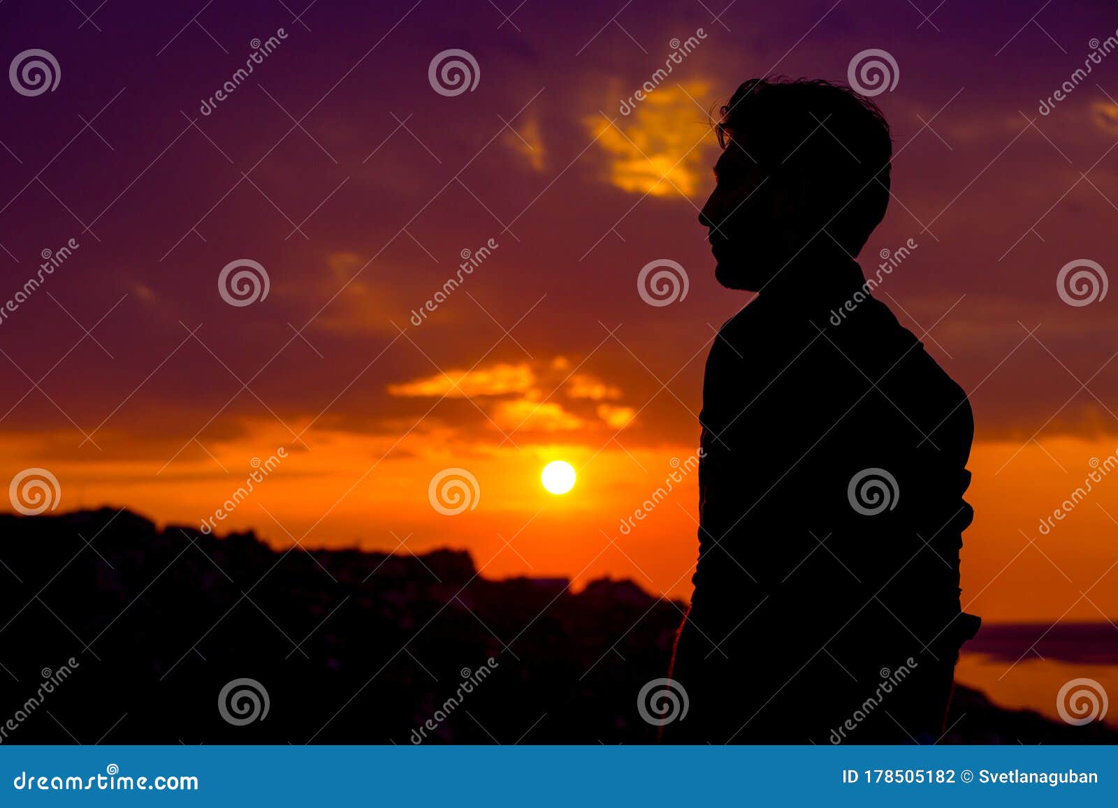 Man Standing Thinking Back Light Sunset Lighting Side View Summer ...