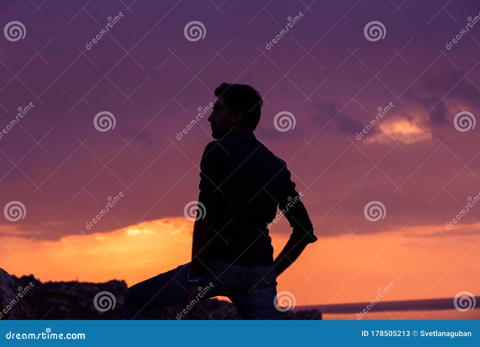 Man Standing Thinking Back Light Sunset Lighting Side View Summer ...