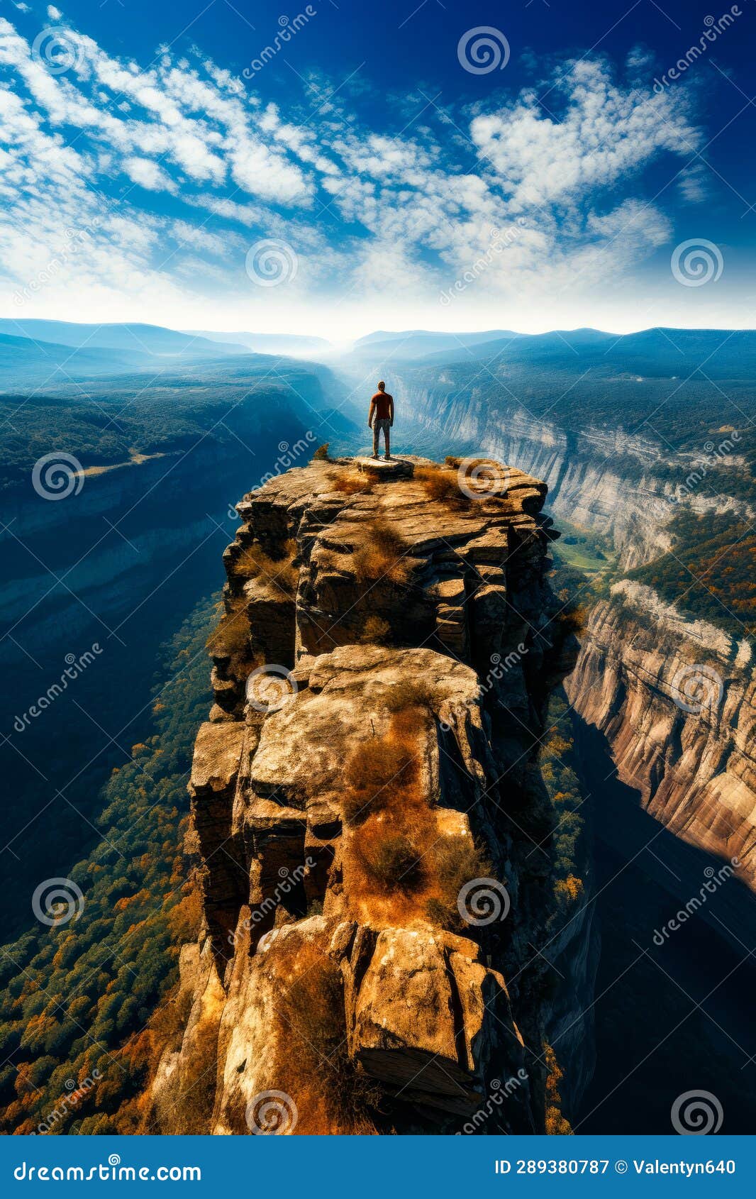 Man Standing on Top of Cliff with View of the Valley Below. Generative ...