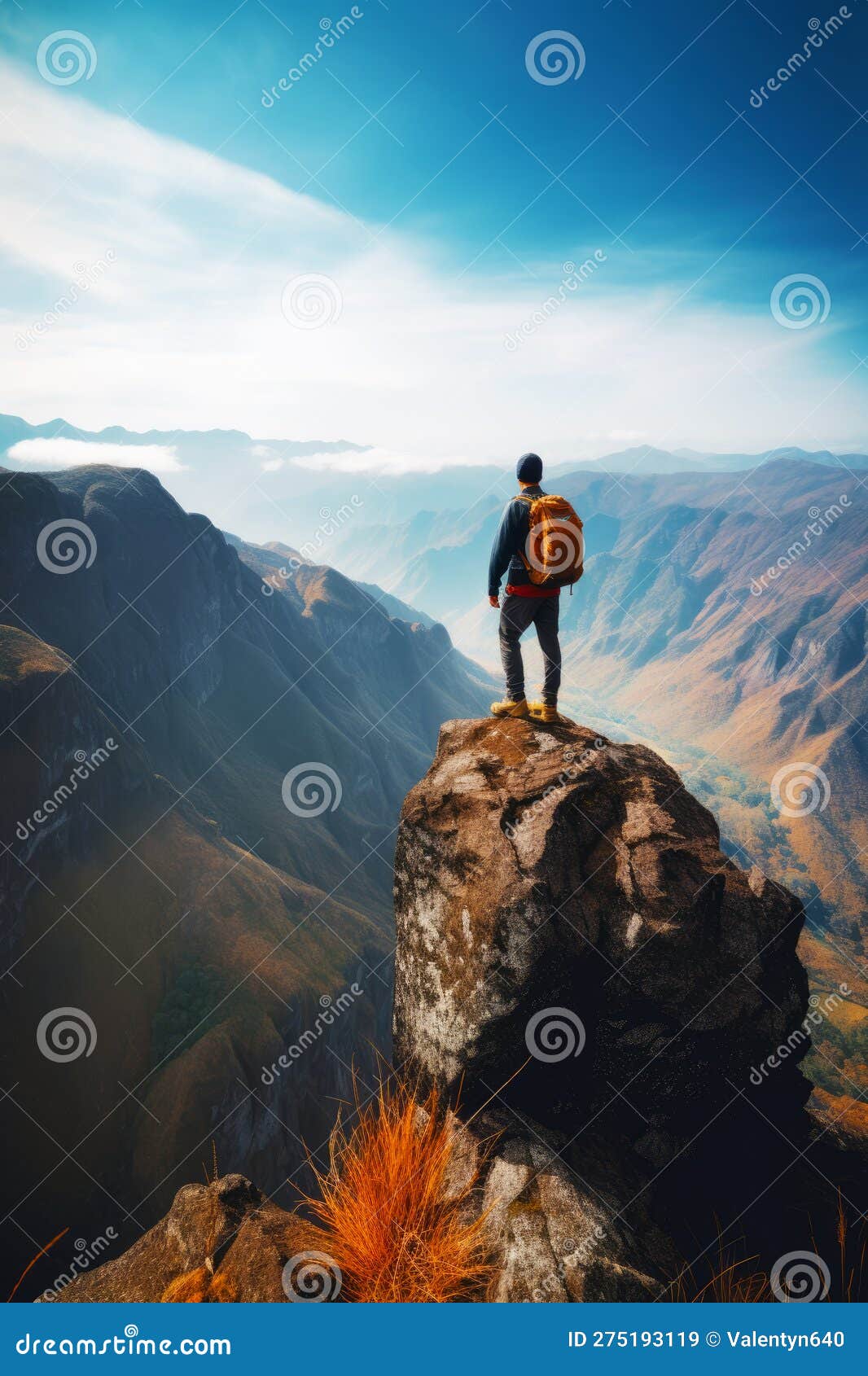 Man Standing on Top of Mountain with Backpack on His Back. Generative ...