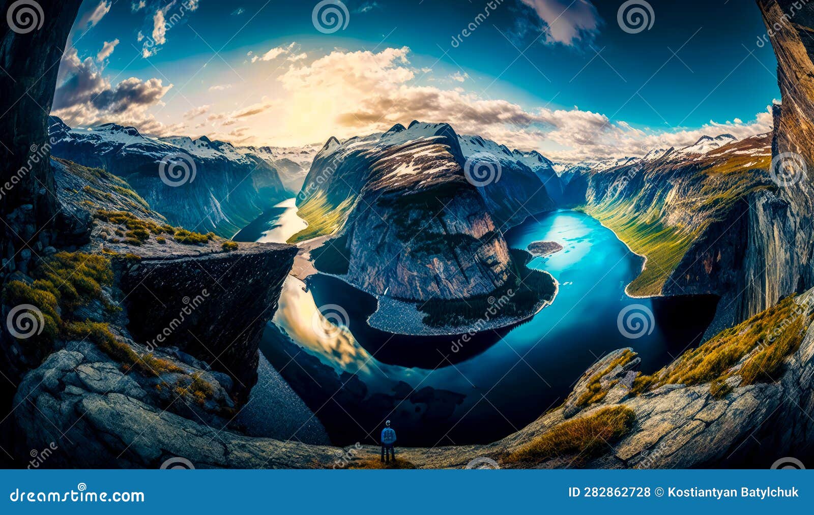 Man Standing on Top of Mountain Looking at Lake in the Middle of Valley ...