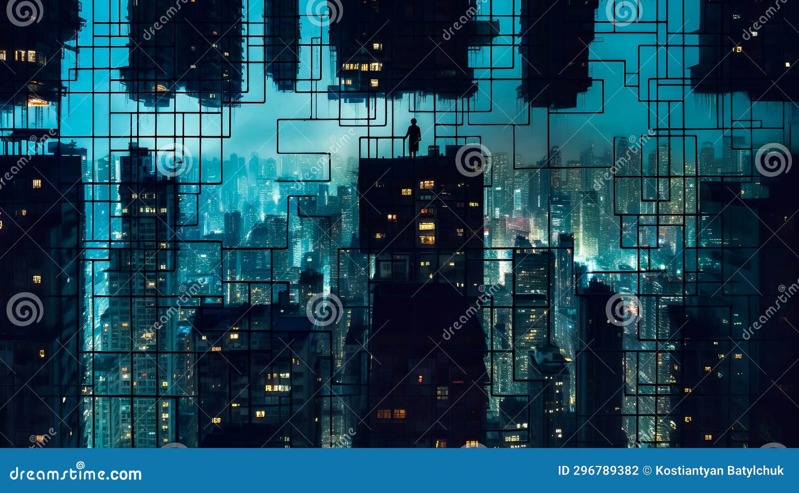Man Standing on Top of Tall Building in City at Night. Generative AI ...