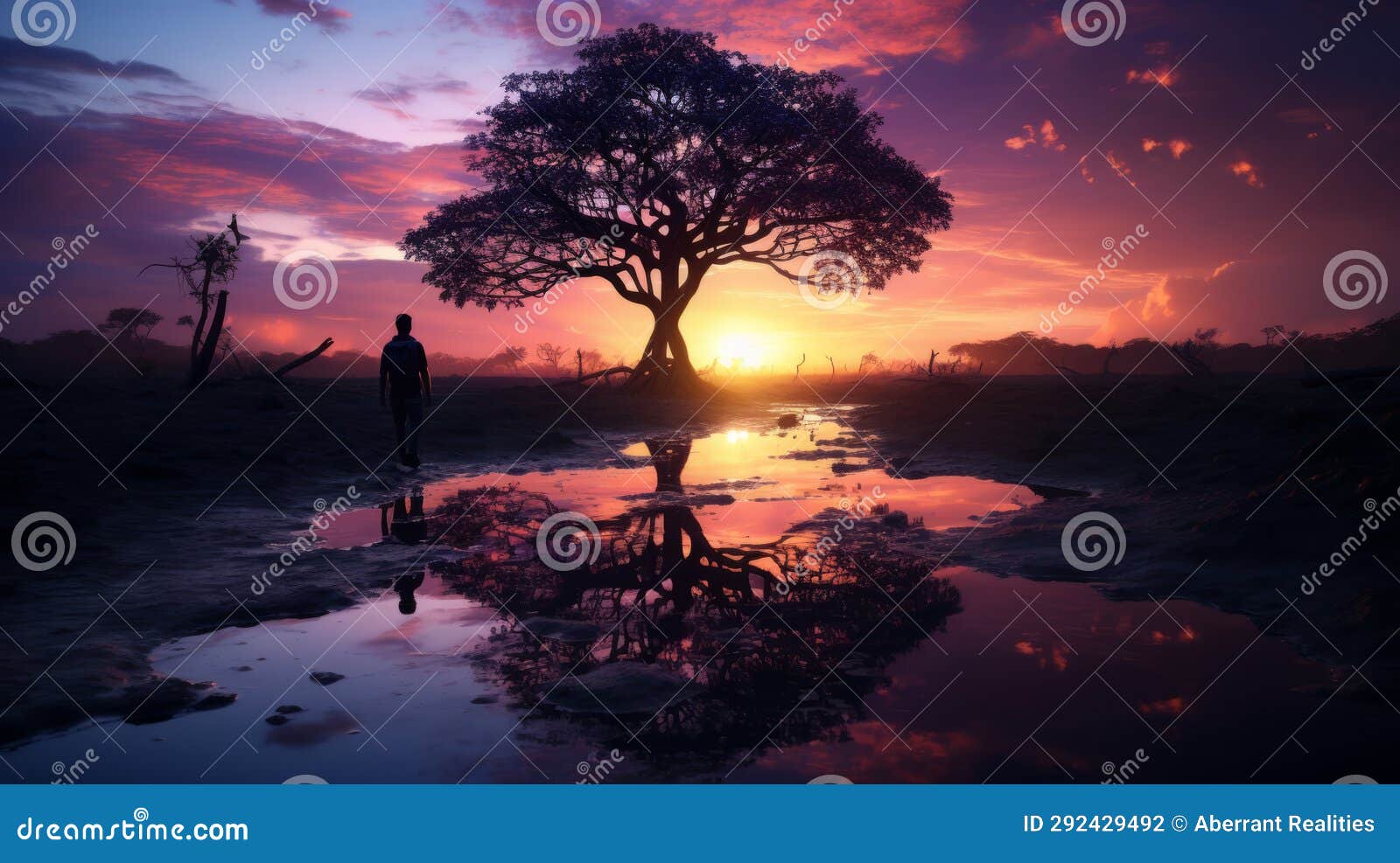 A Man is Standing Under a Tree at Sunset Stock Illustration ...