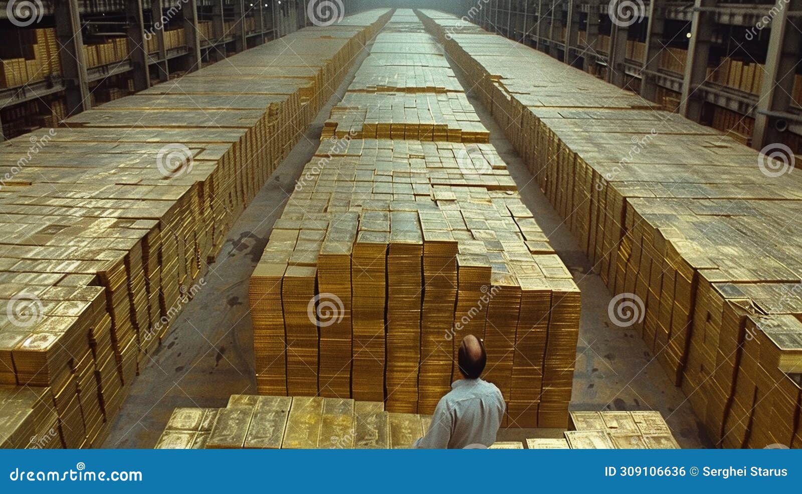 A Man Standing in a Warehouse Filled with Gold Bars, AI Stock Photo ...