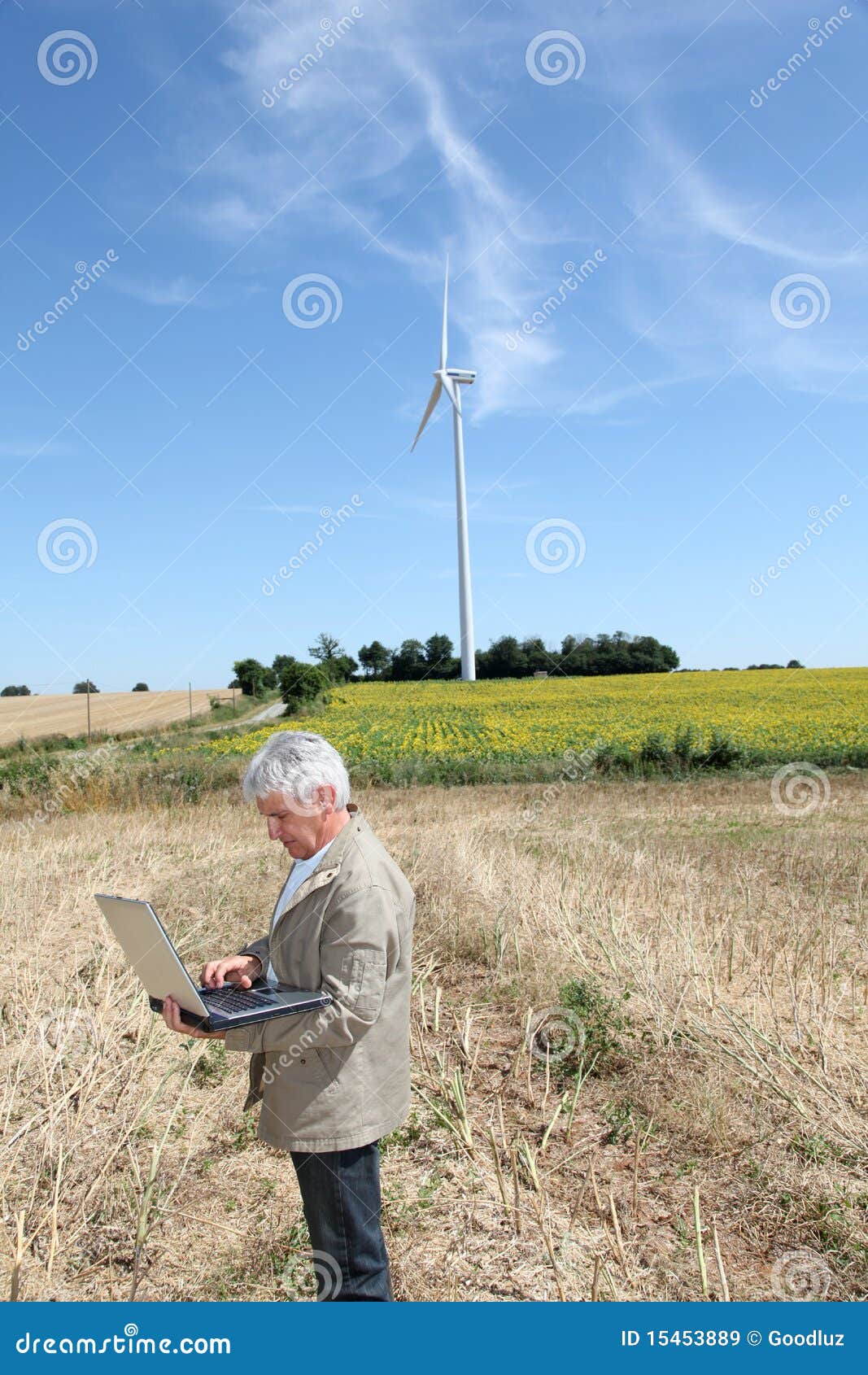 Man Standing by Wind Turbine Stock Image - Image of report, observation ...
