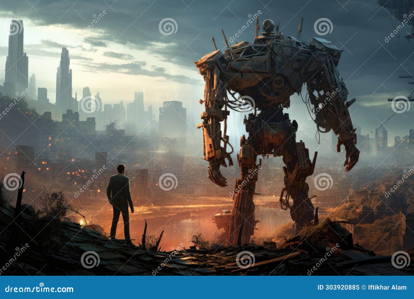 A Man Stands in Awe in Front of a Towering Robot, Representing the ...