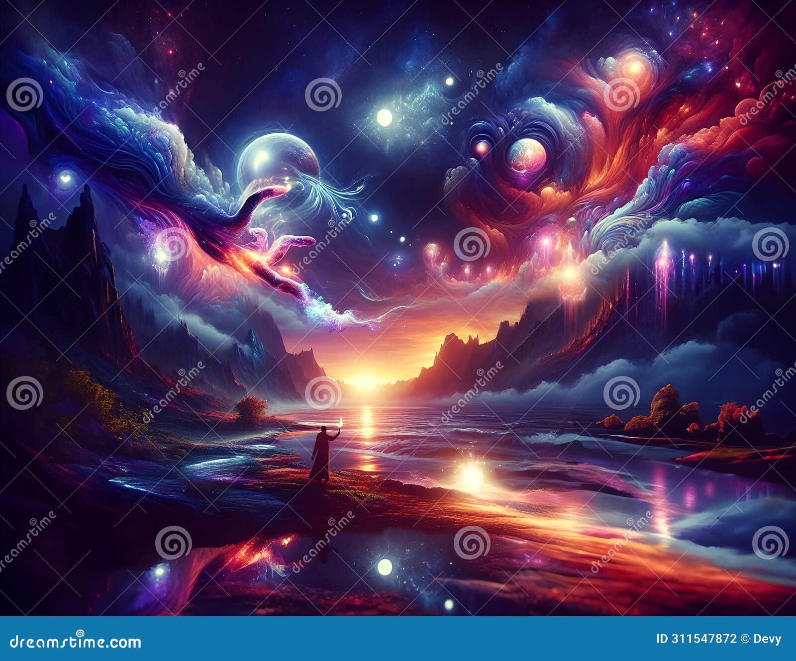 Man Stands in Awe, Looking at the Universe. Concept Stock Illustration ...