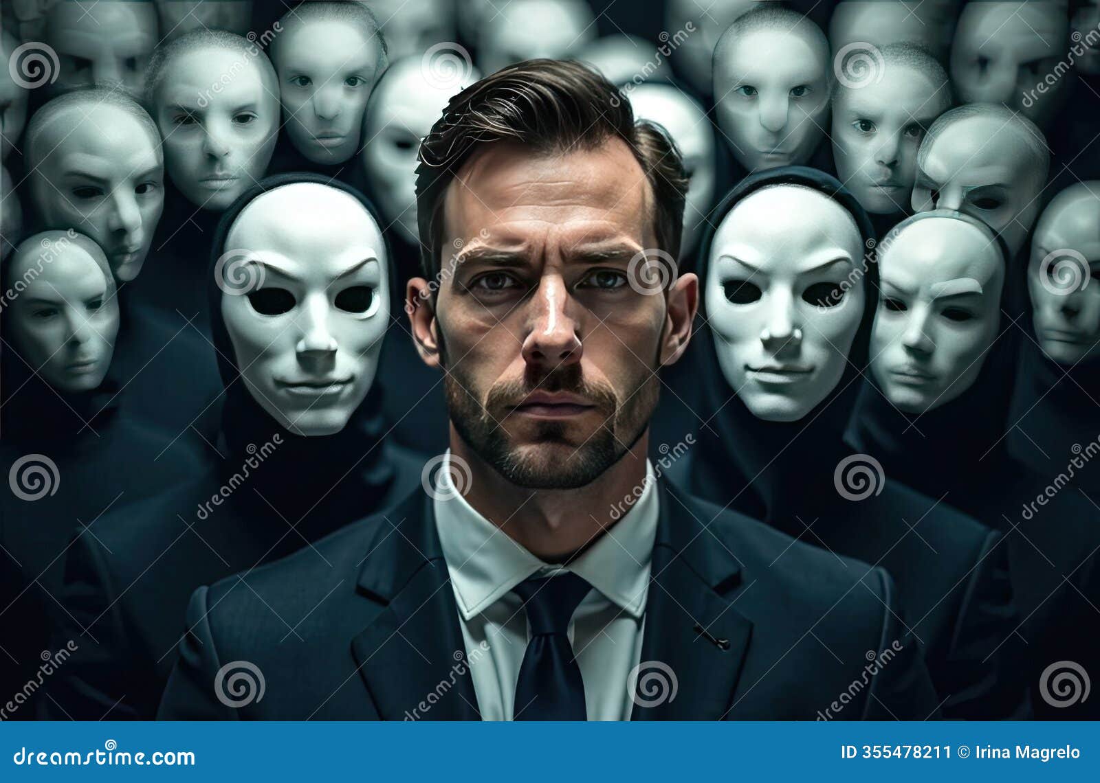 Mysterious Gathering of Figures with Masks and a Confident Man in a ...