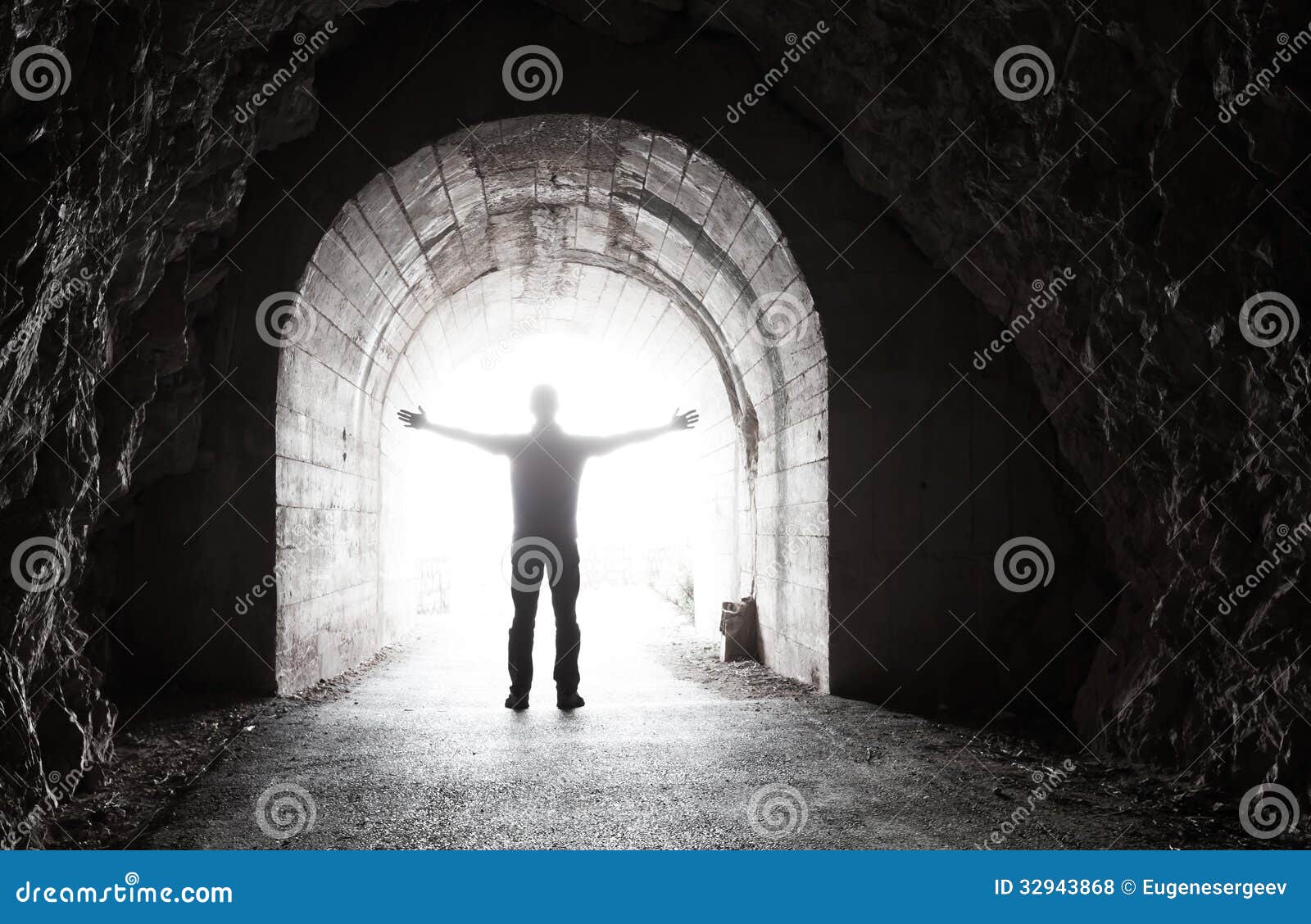 Man Stands in Dark Tunnel with Glowing End Stock Photo - Image of death ...