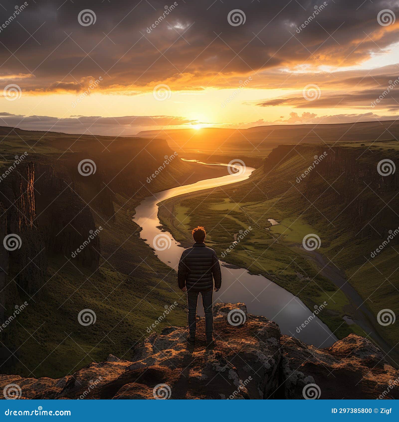 Man Stands on the Edge of a Cliff Overlooking a Valley with a River ...
