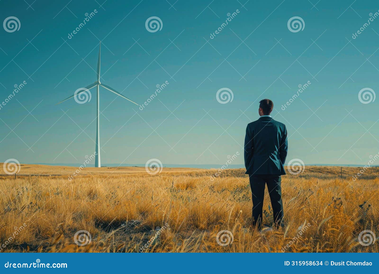 A Man Stands in a Field of Wind Turbines Stock Photo - Image of green ...
