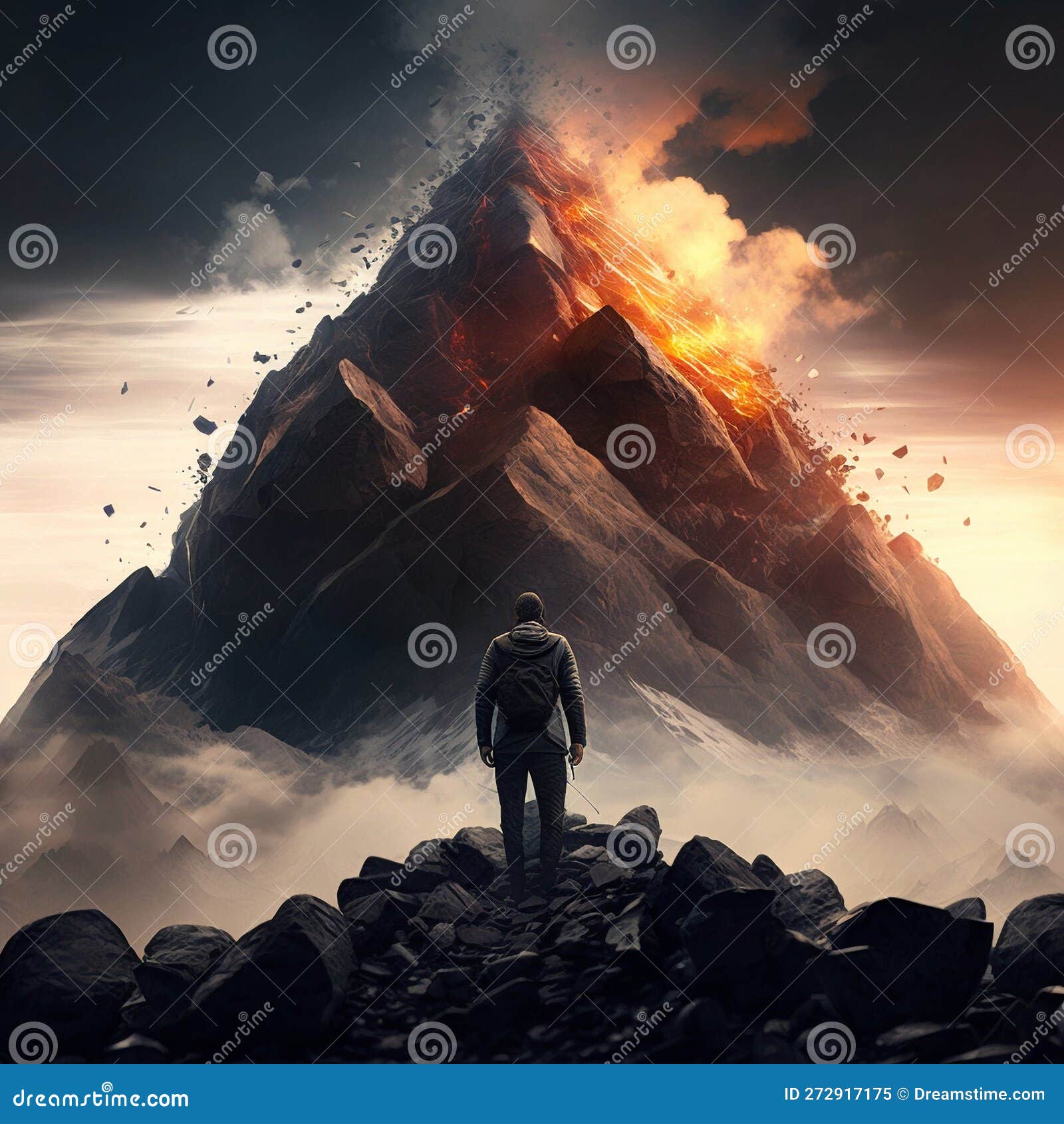 A Man Stands in Front of an Active Volcano Stock Illustration ...