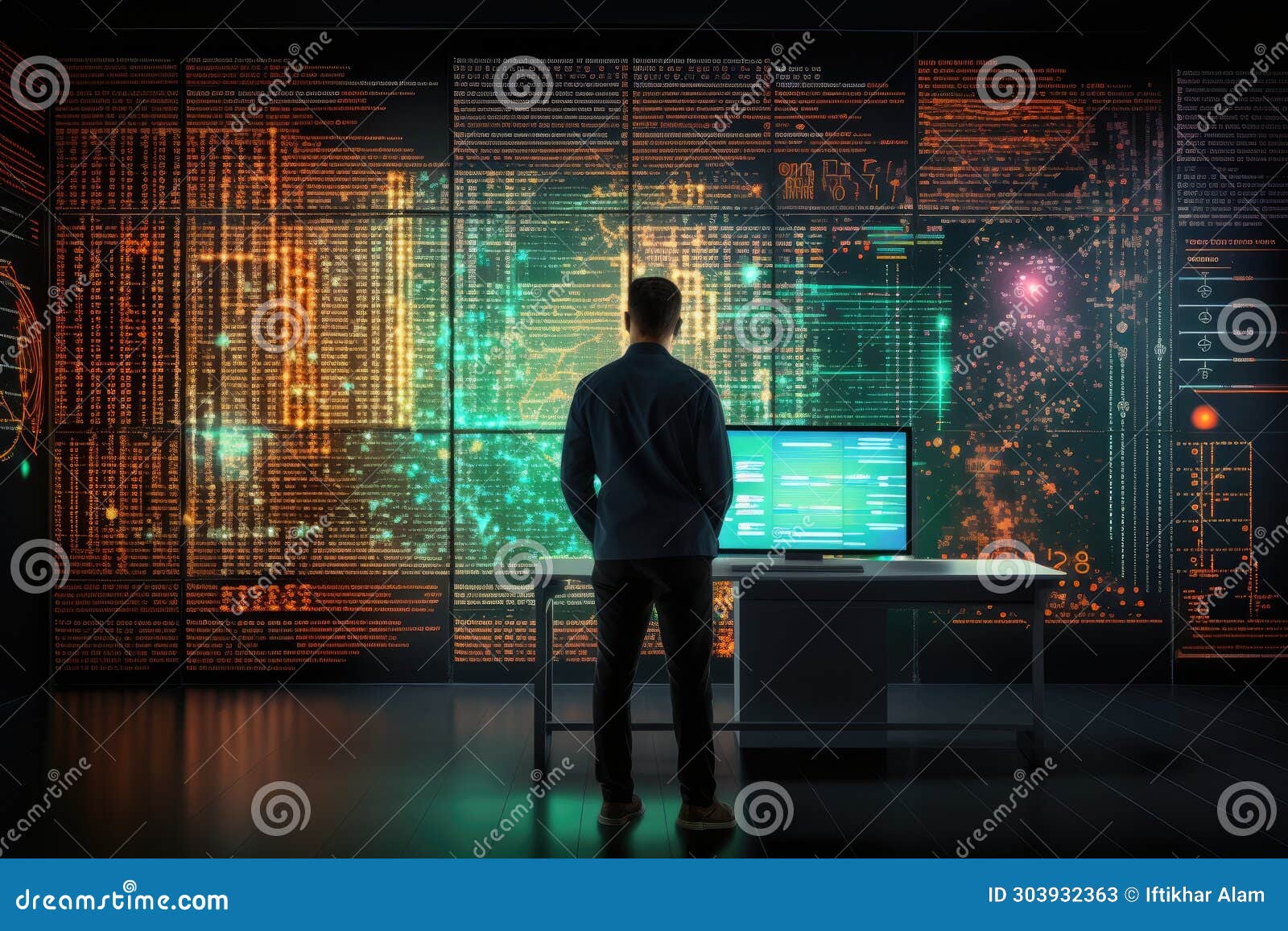 A Man Stands in Front of a Computer Monitor, Focusing on the Screen ...