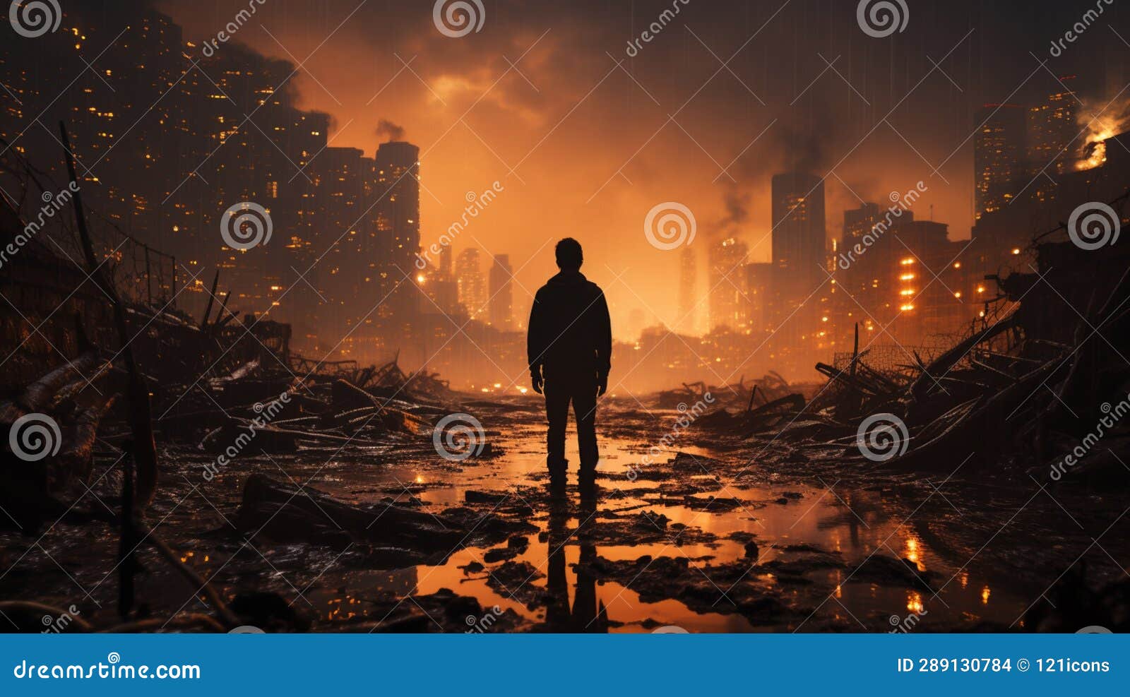 A Man Stands in Front of a Destroyed Building Stock Illustration ...