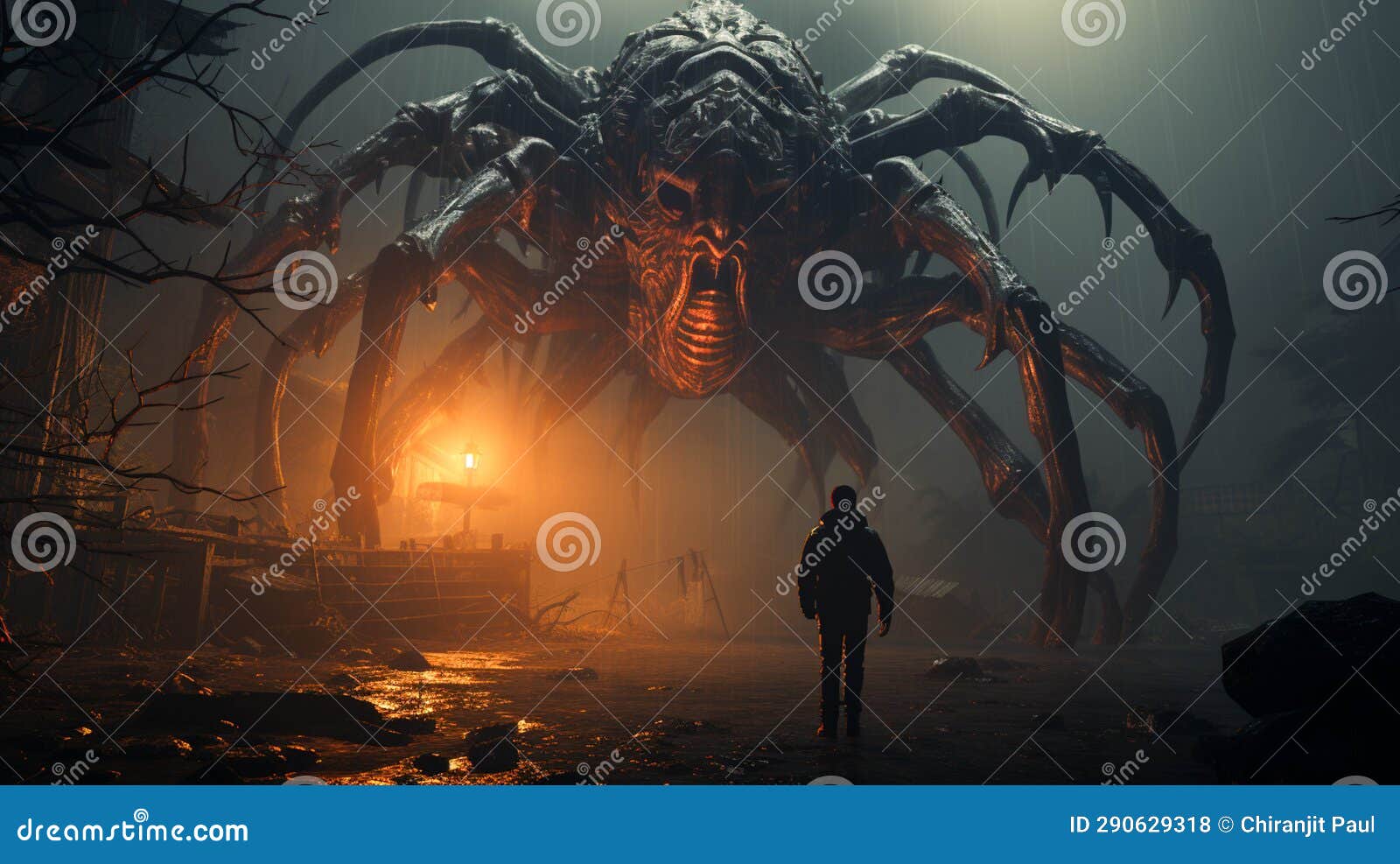 A Man Stands in Front of a Giant Spider Stock Illustration ...