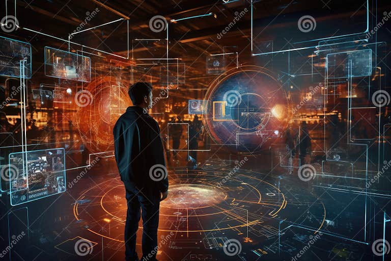 A Man Stands in Front of a High-tech Display Featuring Futuristic ...