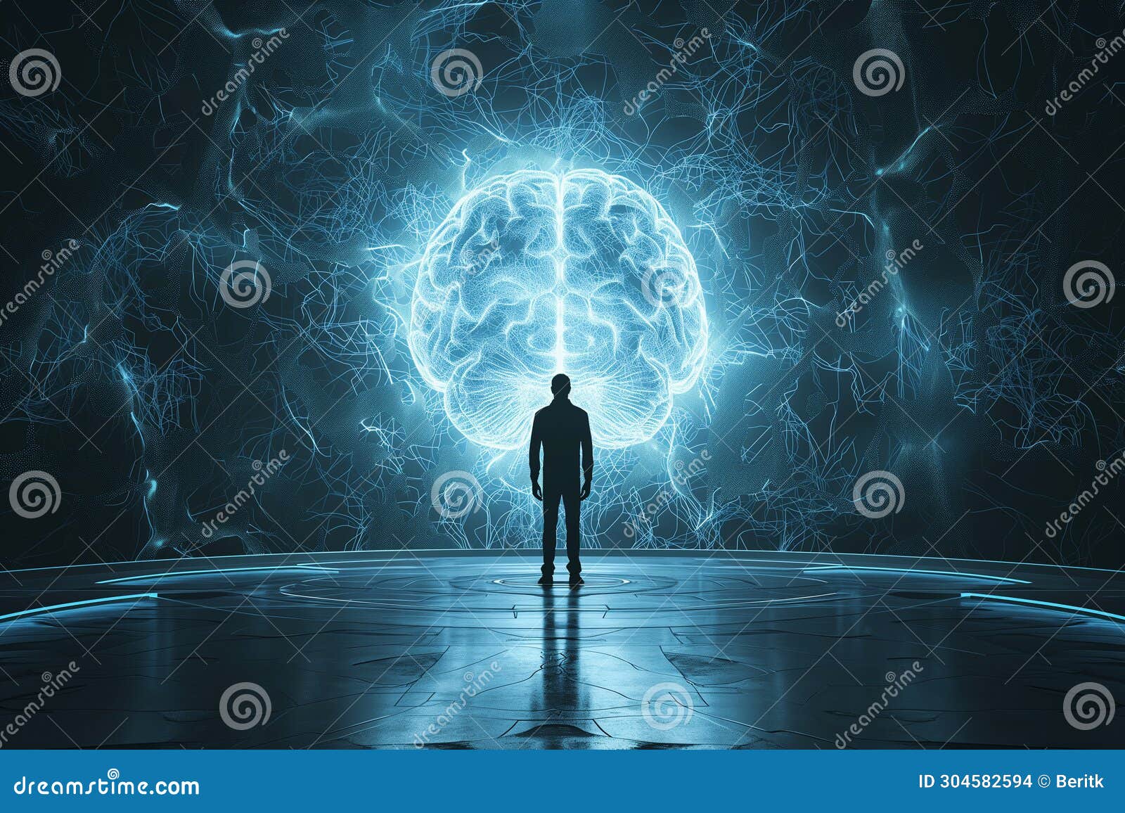 Man Stands in Front of a Huge Brain, Connect To Artificial ...