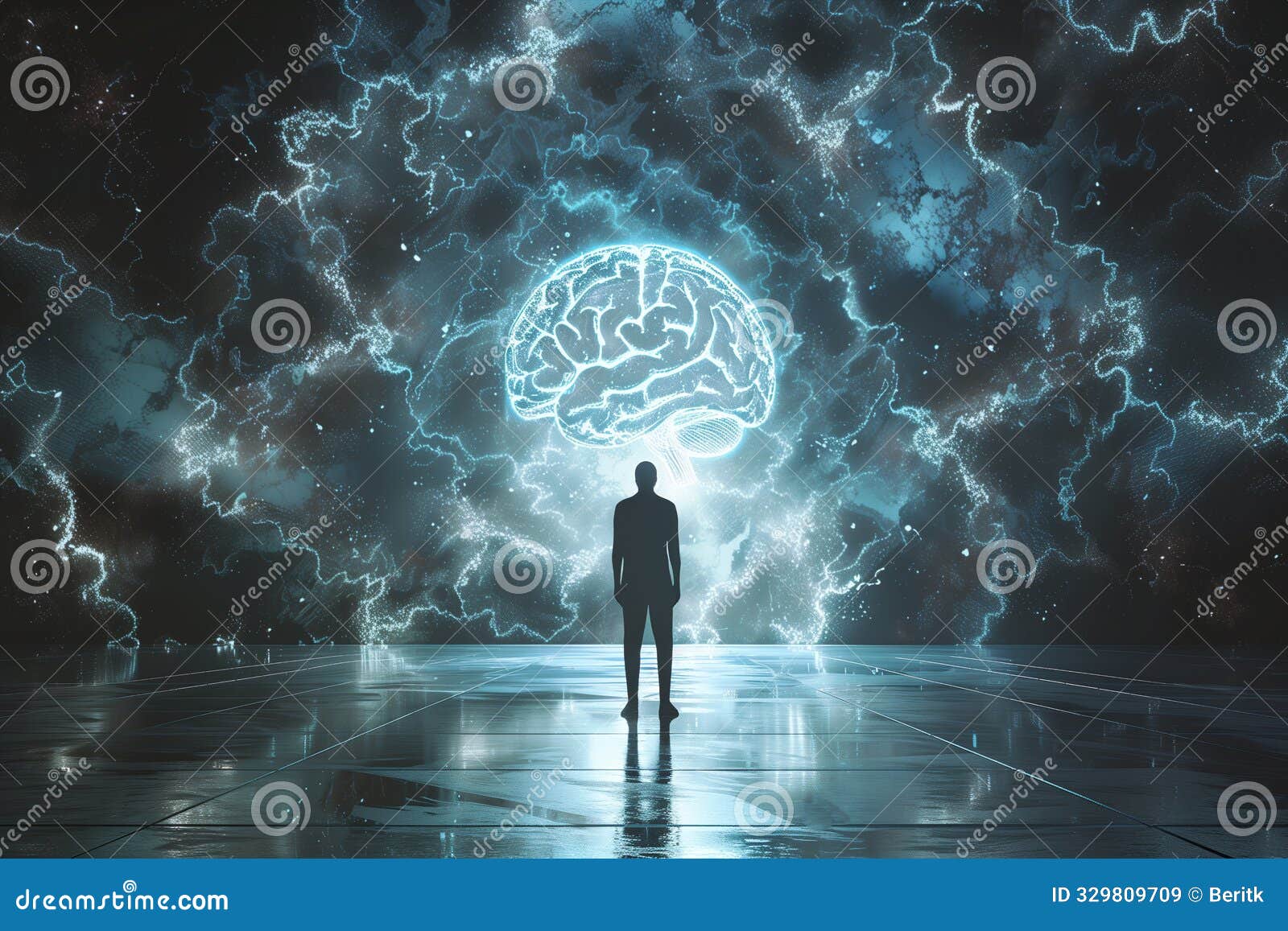 Man Stands in Front of a Huge Brain, Connect To Artificial ...