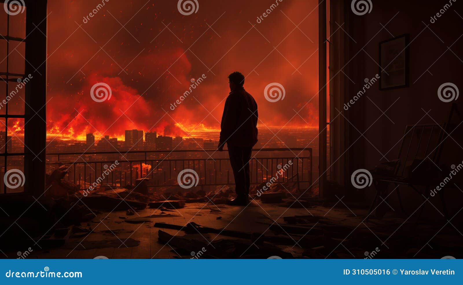 A Man Stands in Front of a Massive Fire, Casting Shadows in the Night ...
