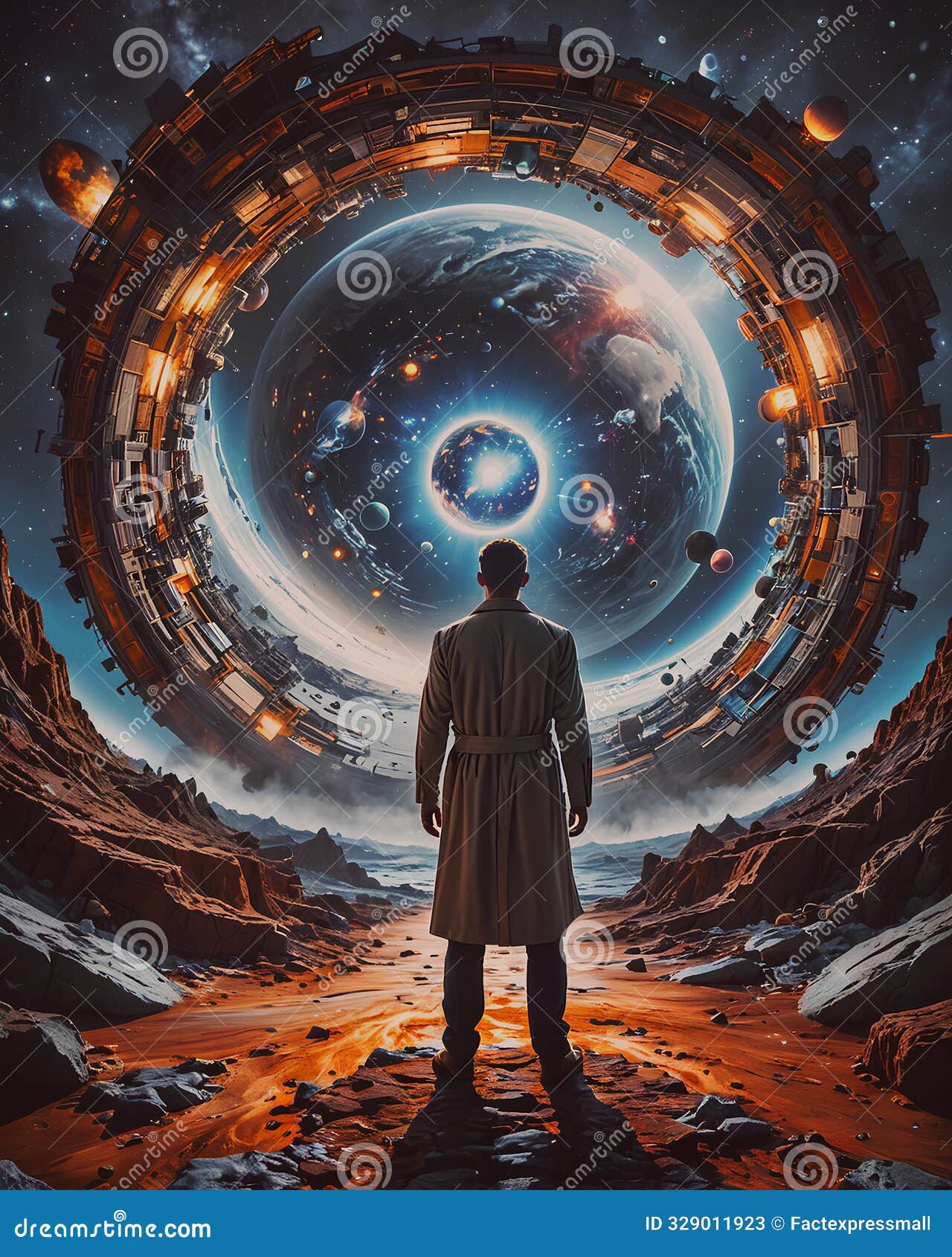 A Man Stands in Front of a Poster that Says Planet. Stock Illustration ...