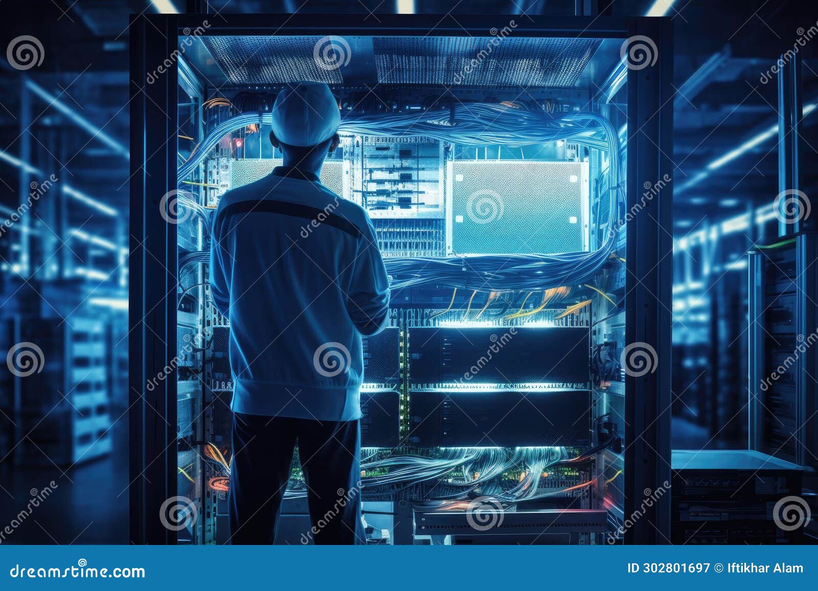 A Man Stands in Front of a Server in a Busy Server Room, Portrait of ...