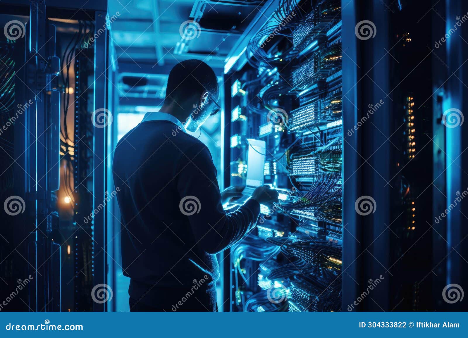 A Man Stands in Front of a Server in a Busy Server Room, Surrounded by ...