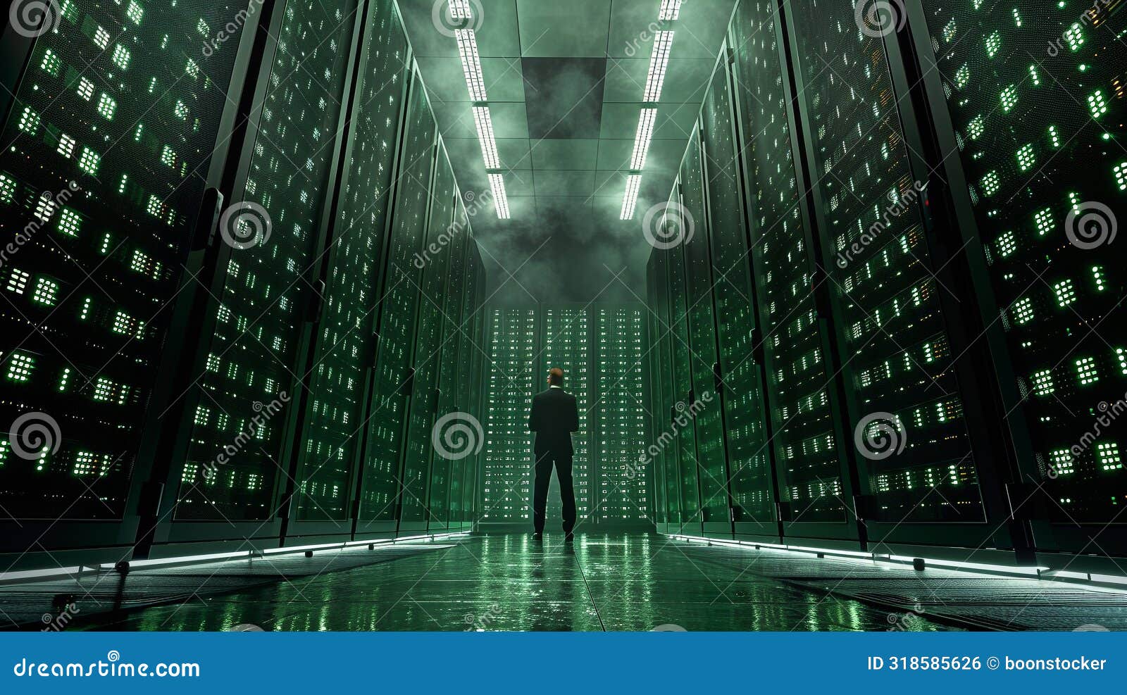 A Man Stands in Front of the Server Racks. Rear View. AI Generated ...