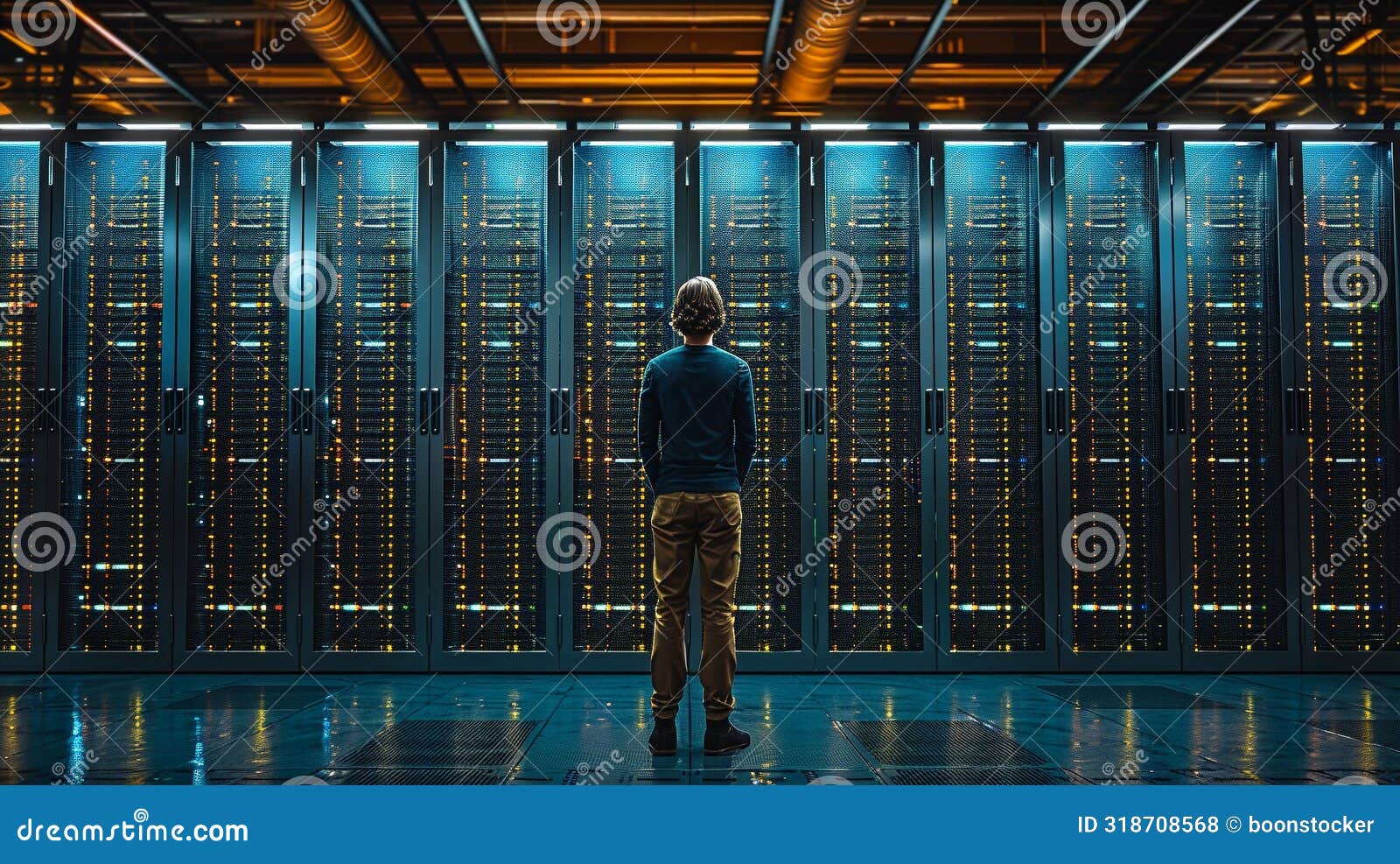 A Man Stands in Front of the Server Racks. Rear View. AI Generated ...