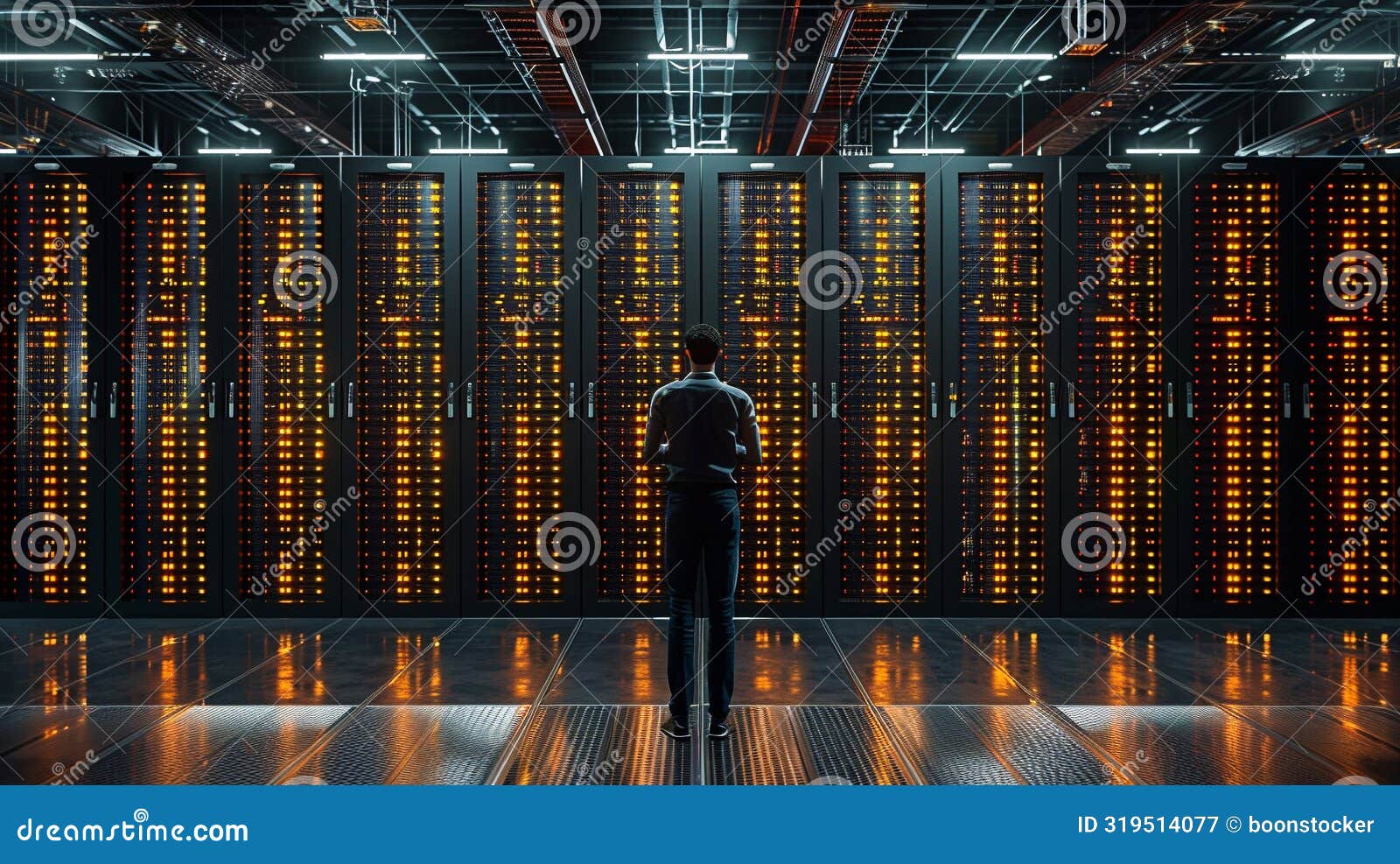 A Man Stands in Front of the Server Racks. Rear View. AI Generated ...