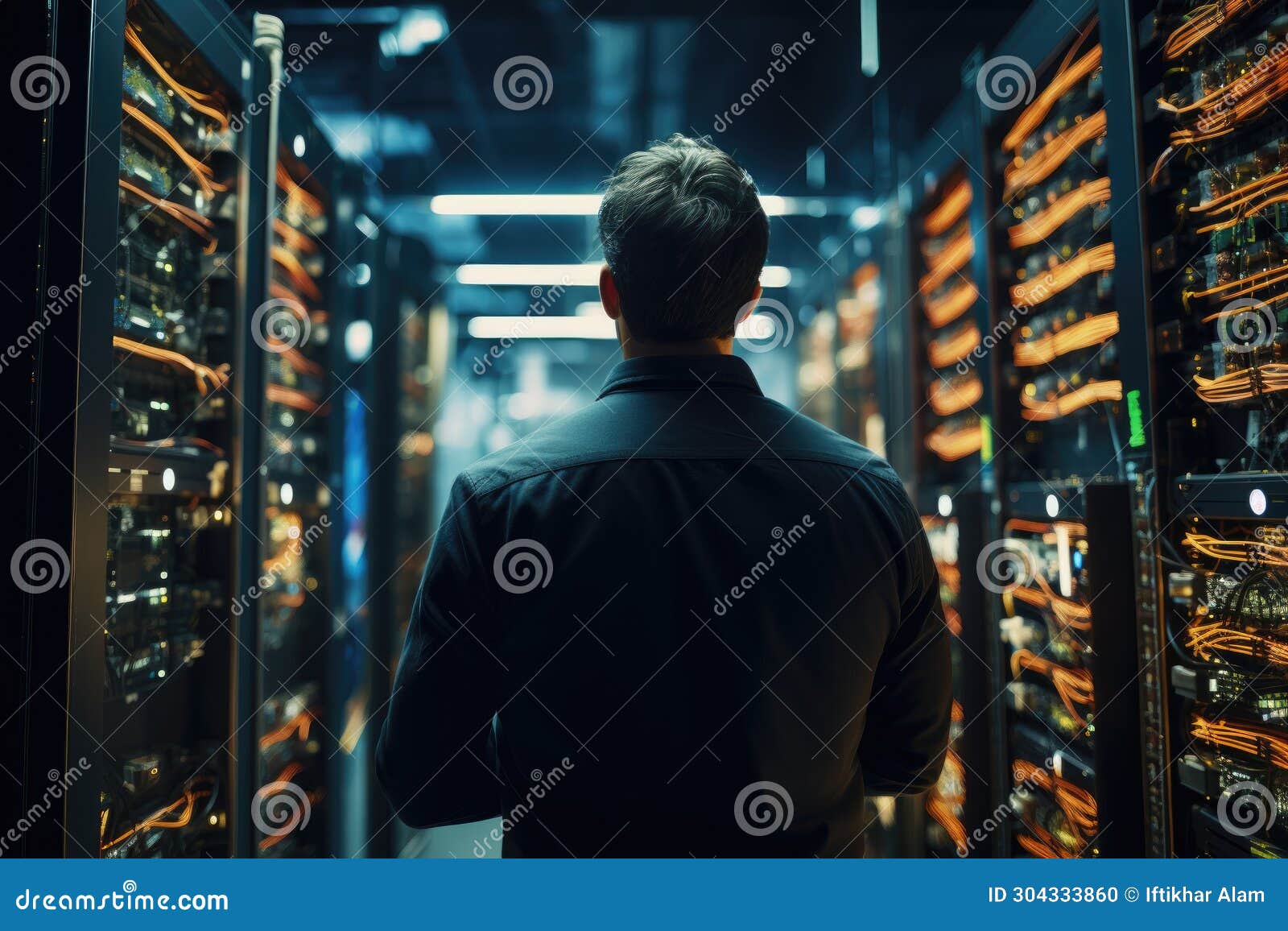 A Man Stands in Front of a Server in a Server Room, Overseeing the ...