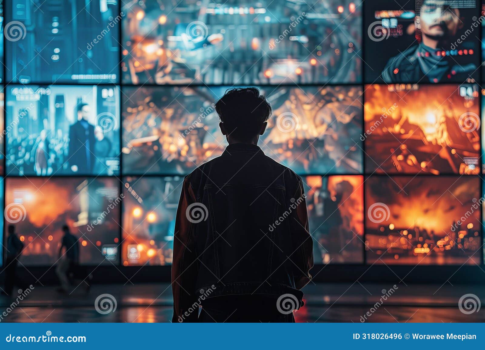 A Man Stands in Front of a Wall of Computer Monitors, Watching a Video ...