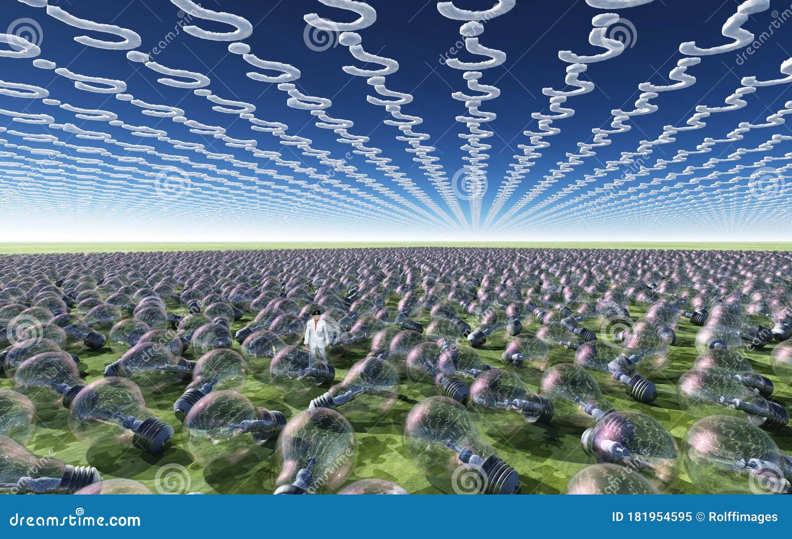 Man Stands in Landscape Full of Light Bulbs Stock Image - Image of ...