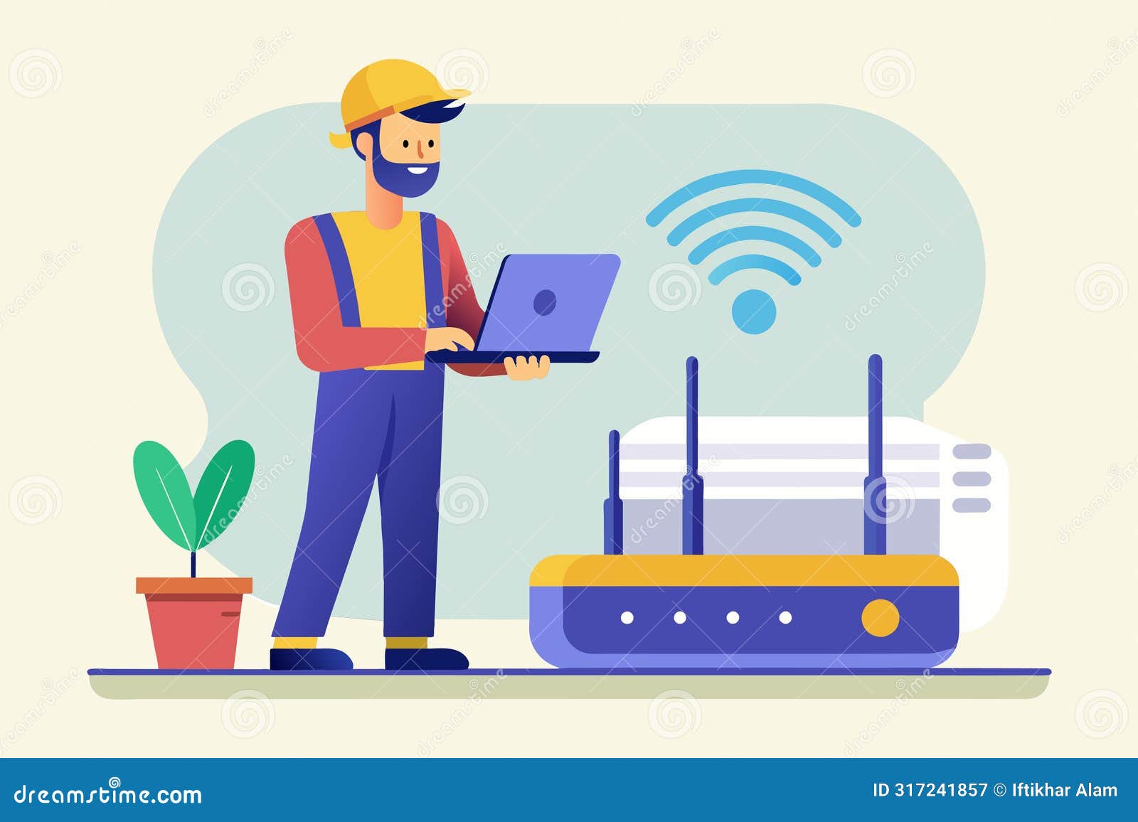 A Man Stands by a Laptop in Front of a Router, Checking the Wifi ...