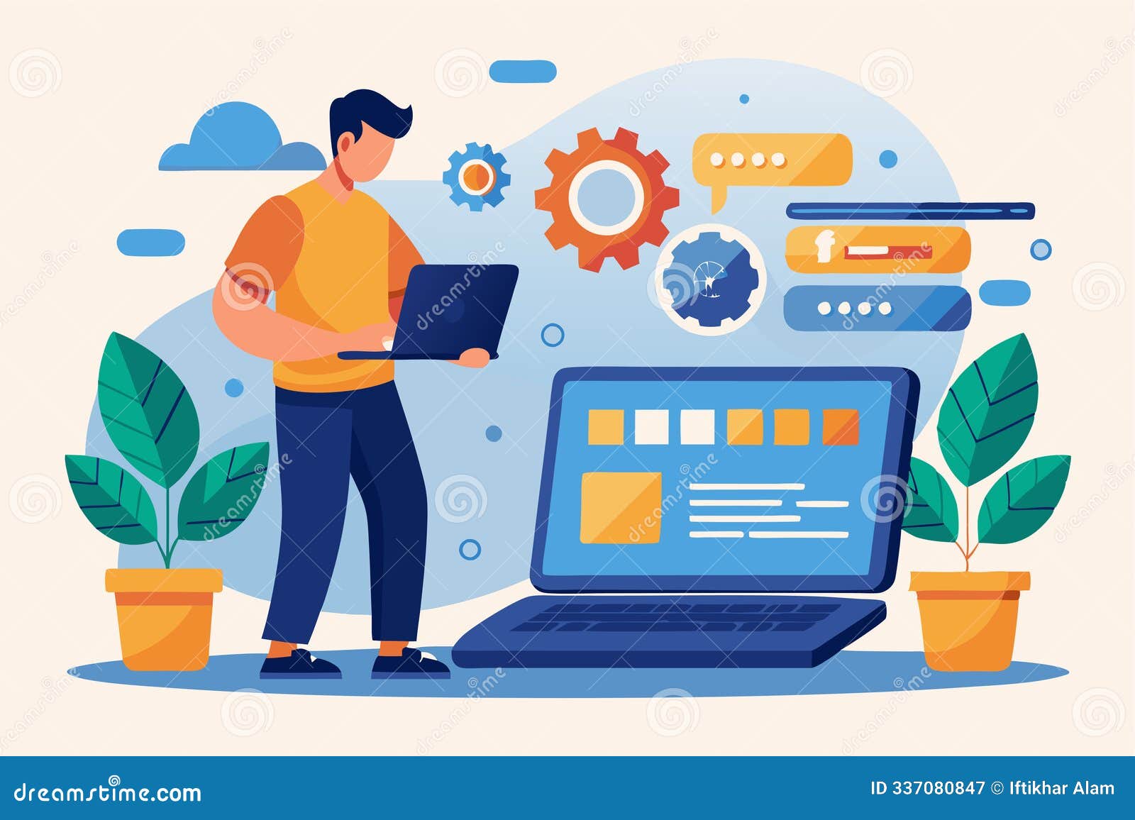 A Man Stands with a Laptop, Watching the Loading Process in a Bright ...