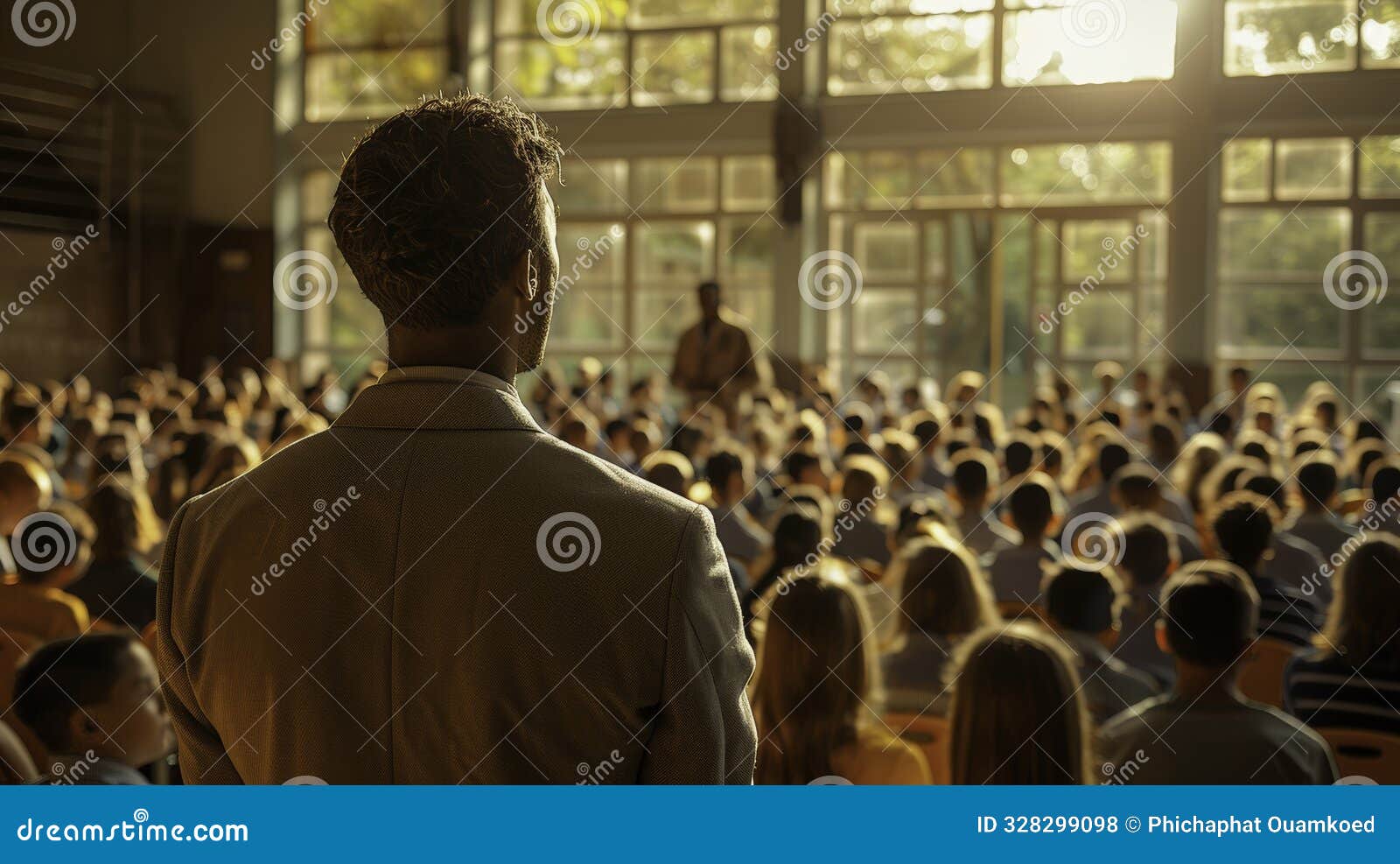 A Man Stands in a Large Crowd Facing a Speaker at a Podium the Sun ...