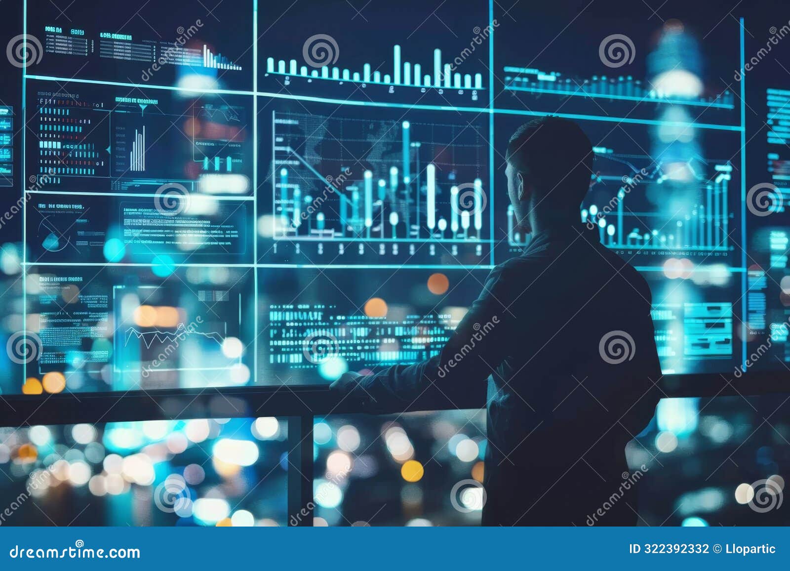 A Man Stands before a Massive Array of Glowing Data Displays, Analyzing ...