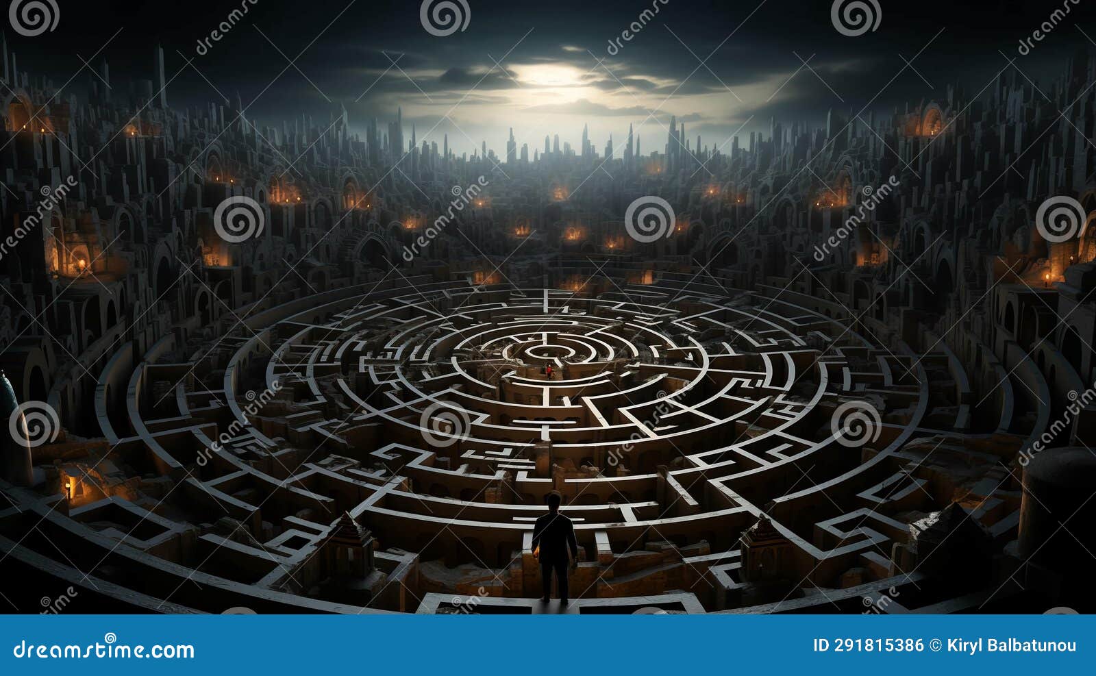A Man Stands in a Maze and Thinks, View from the Back. the Concept of ...