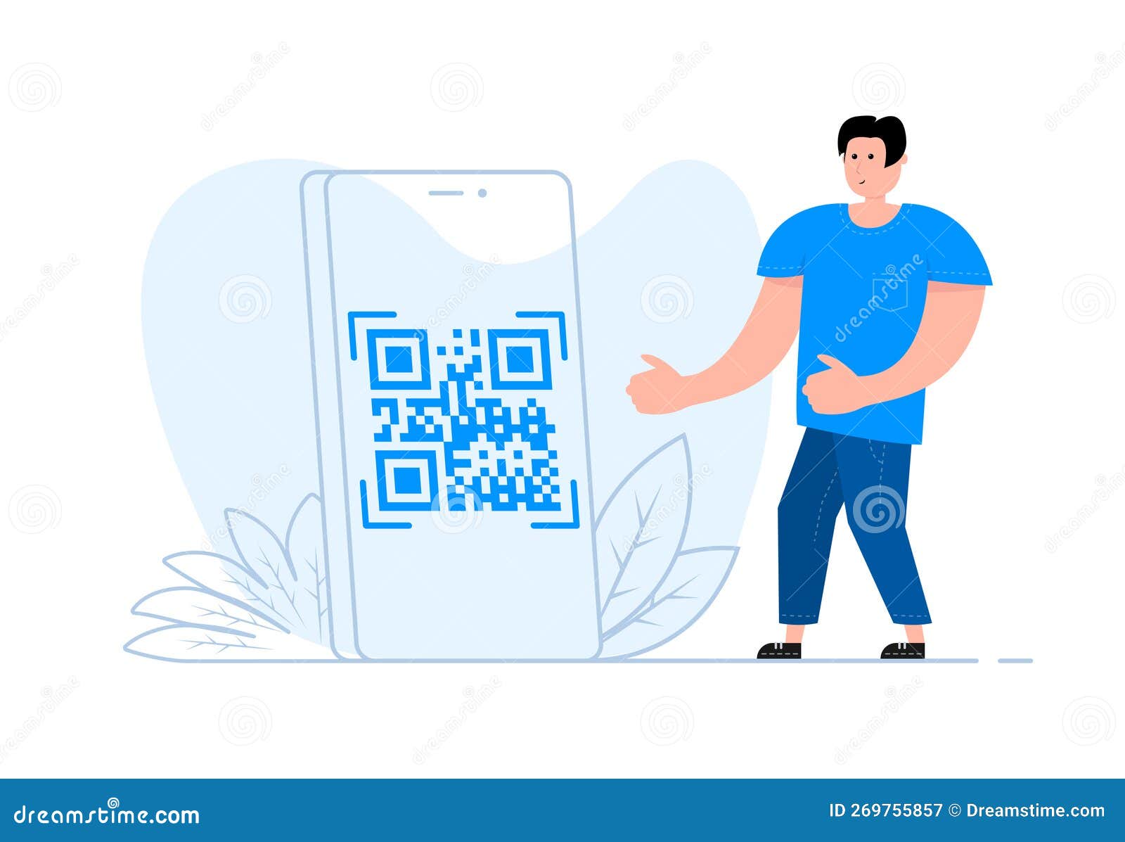 A Man Stands Near the Smartphone, on the Screen QR Code with Scan Me ...