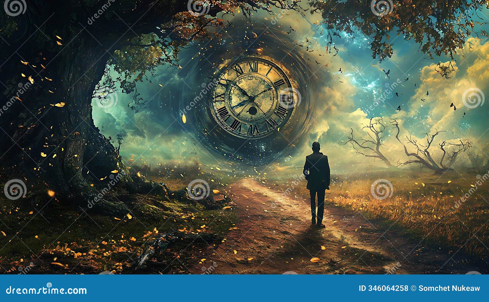 A Man Stands on a Path Facing a Surreal Clock in a Dreamlike Nature ...