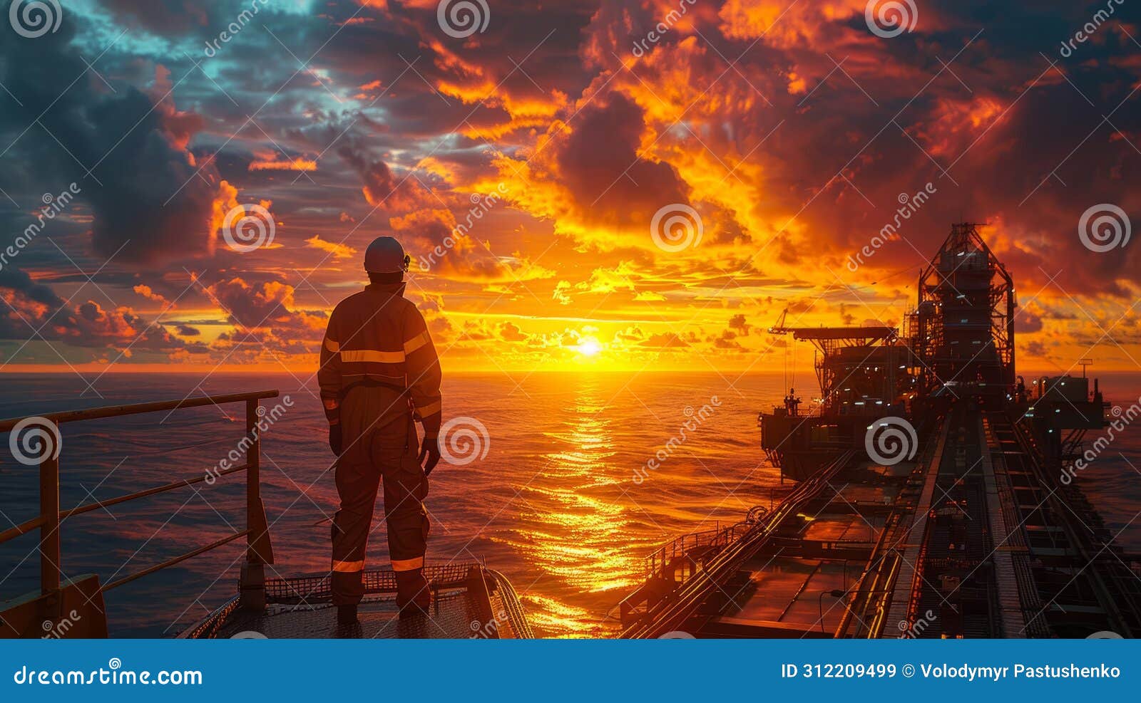Man Stands on Platform Overlooking Offshore Oil Rig during Sunset Stock ...