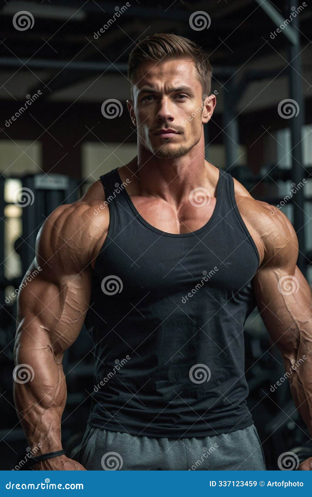 A Muscular Man Poses Confidently in a Gym, Showcasing His Well-defined ...