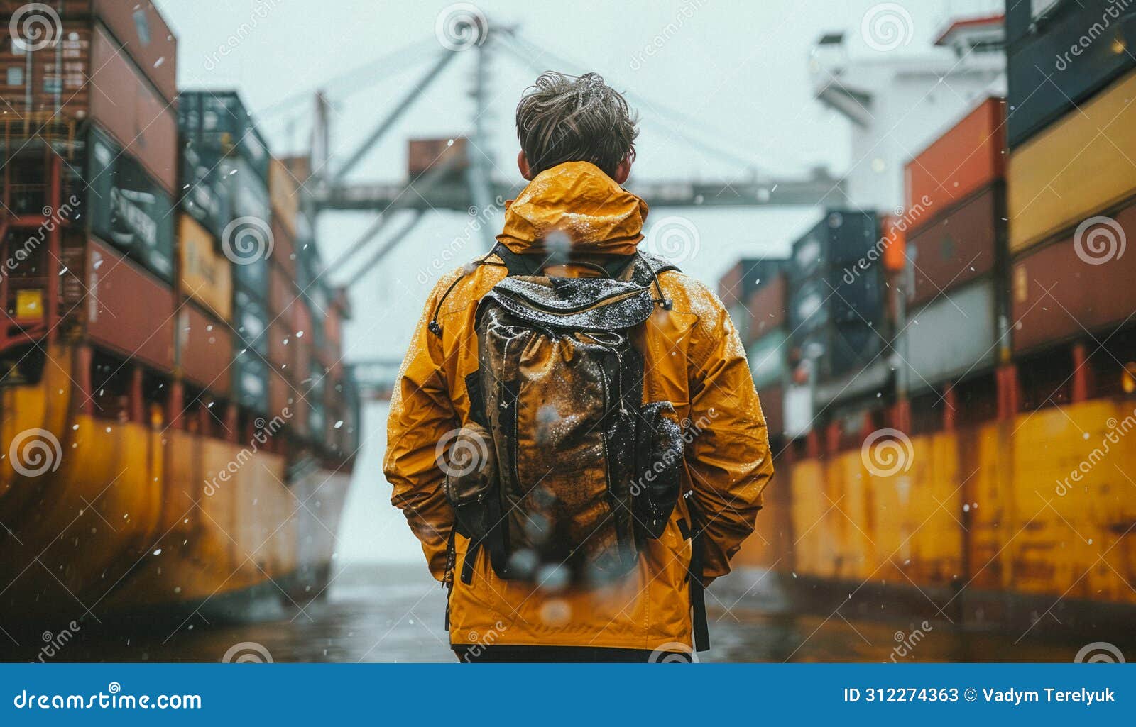 Man Stands in the Rain in Front of Shipping Containers Stock Image ...