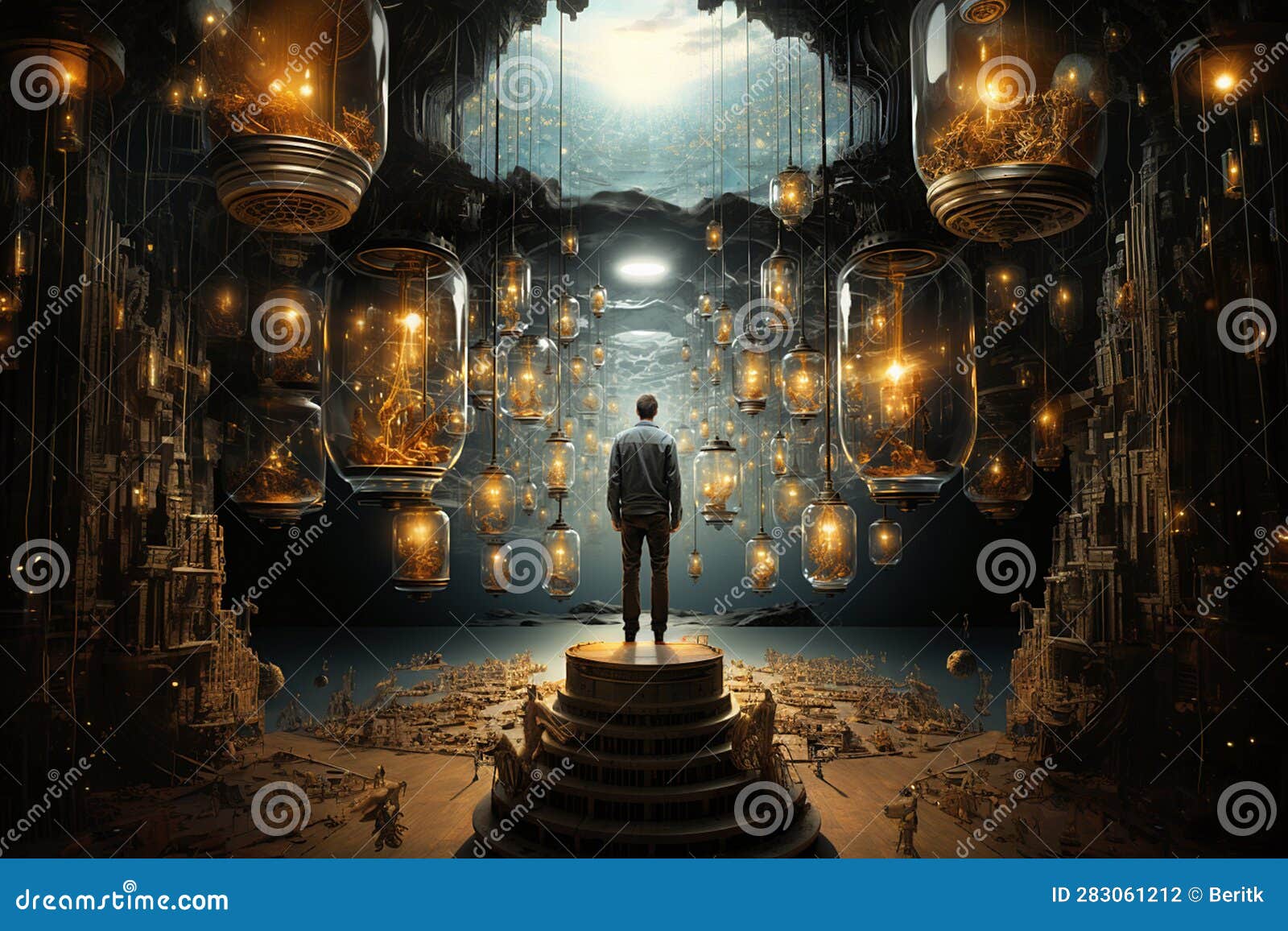 Man Stands in a Room with Many Light Bulbs, Explosion of Ideas ...