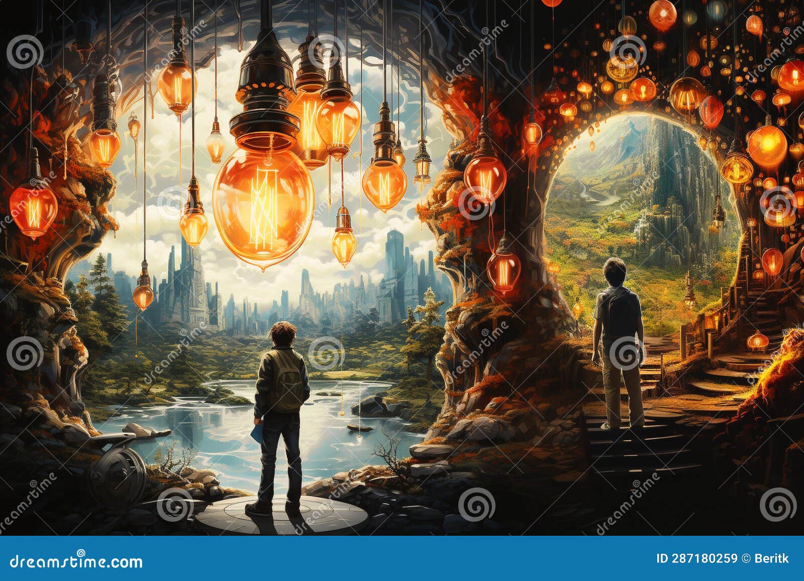 Man Stands in a Room with Many Light Bulbs, Explosion of Ideas ...