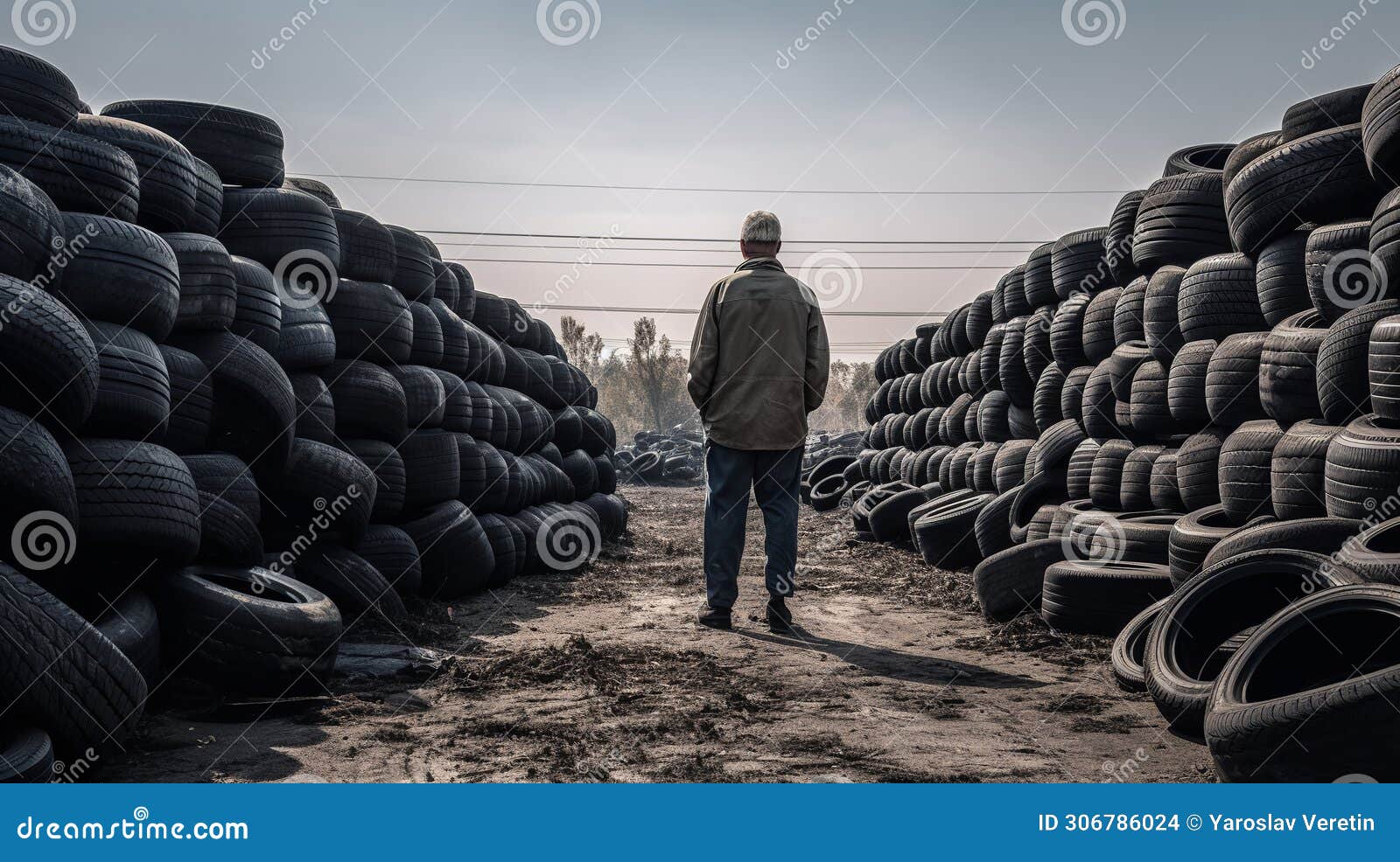 A Man Stands beside a Stacked Tires Stock Photo - Image of concept ...