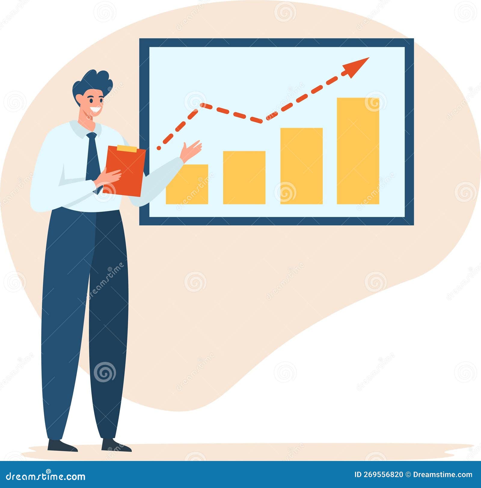 A Man Stands with a Tablet and Gives a Presentation. Graph with Growth ...