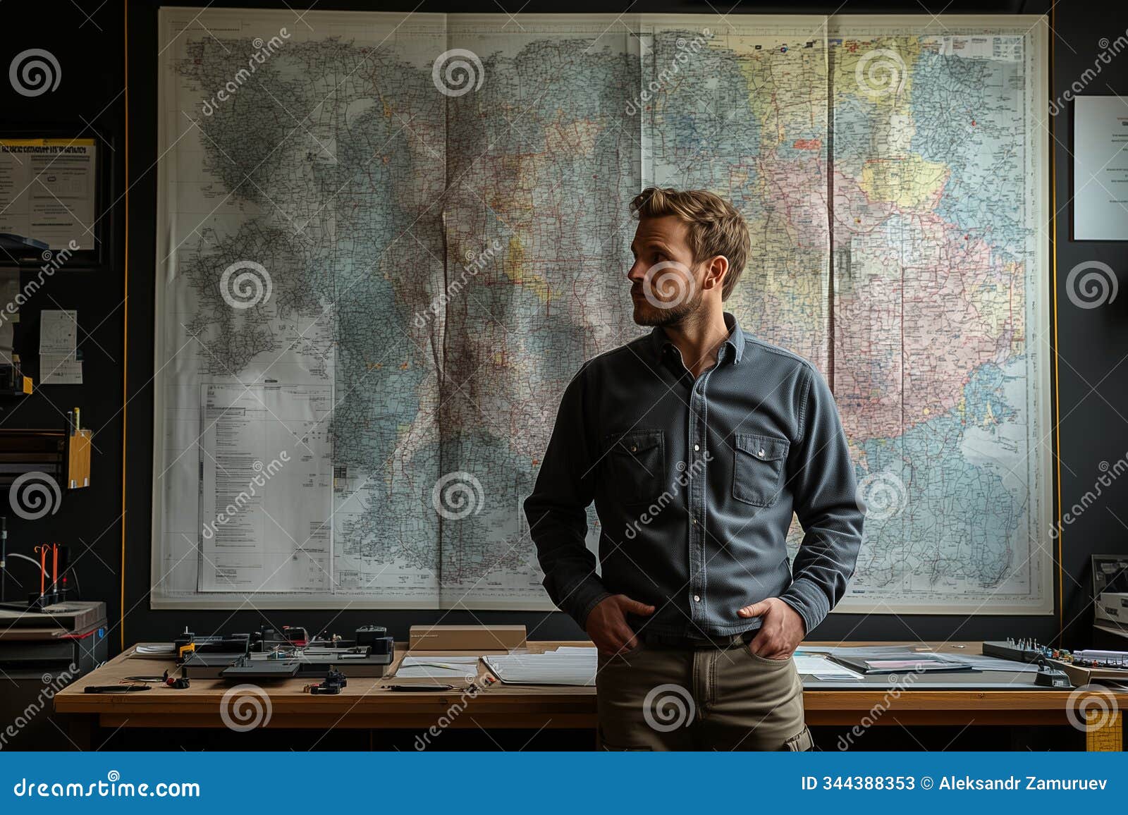 A Man Stands Thoughtfully in Front of a Large Map, Surrounded by ...