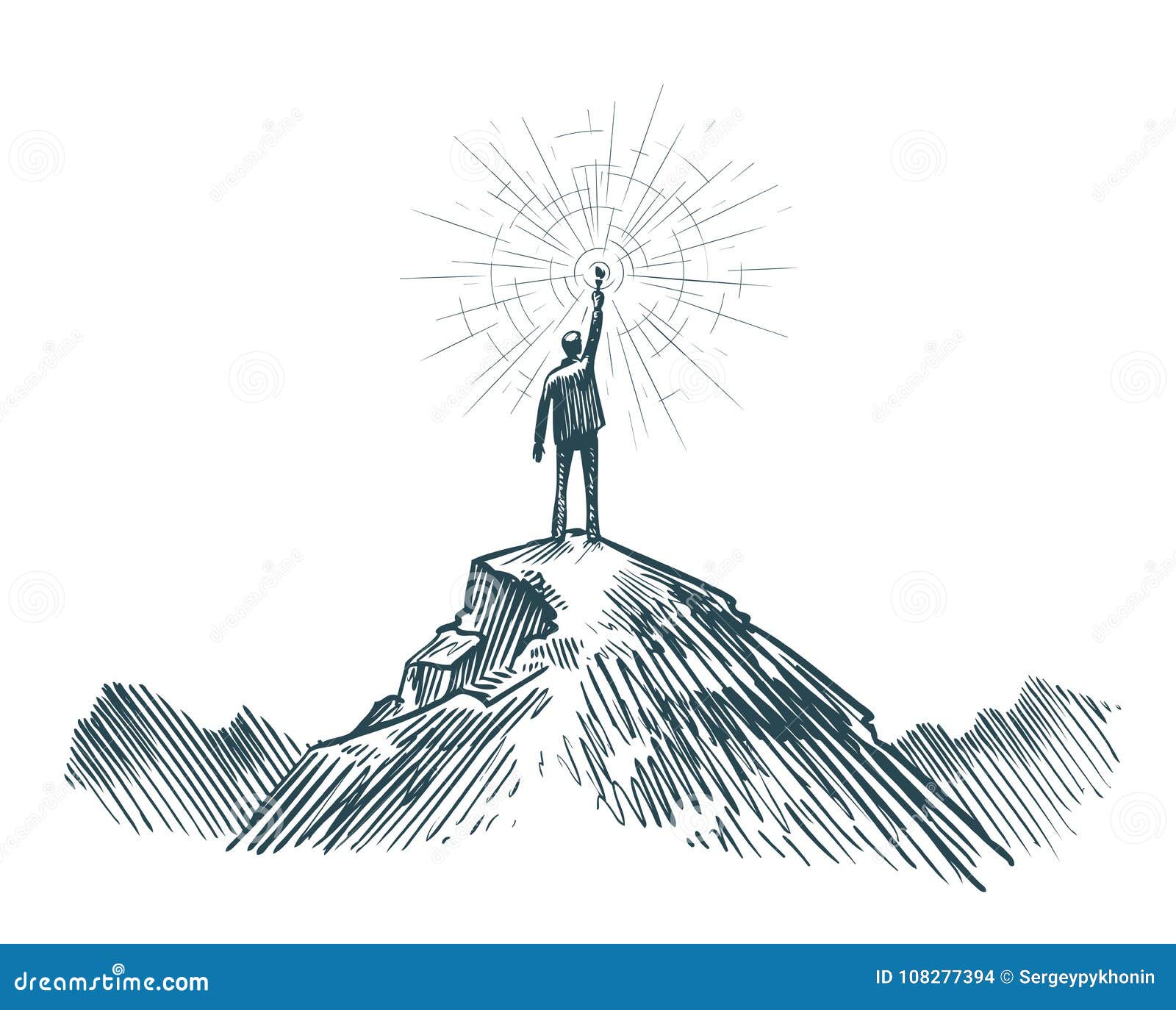 Man Stands On Top Of Mountain With Torch In Hand. Business, Achieving ... Man Stands On Top Of Mountain With Torch In Hand. Business, Achieving ...