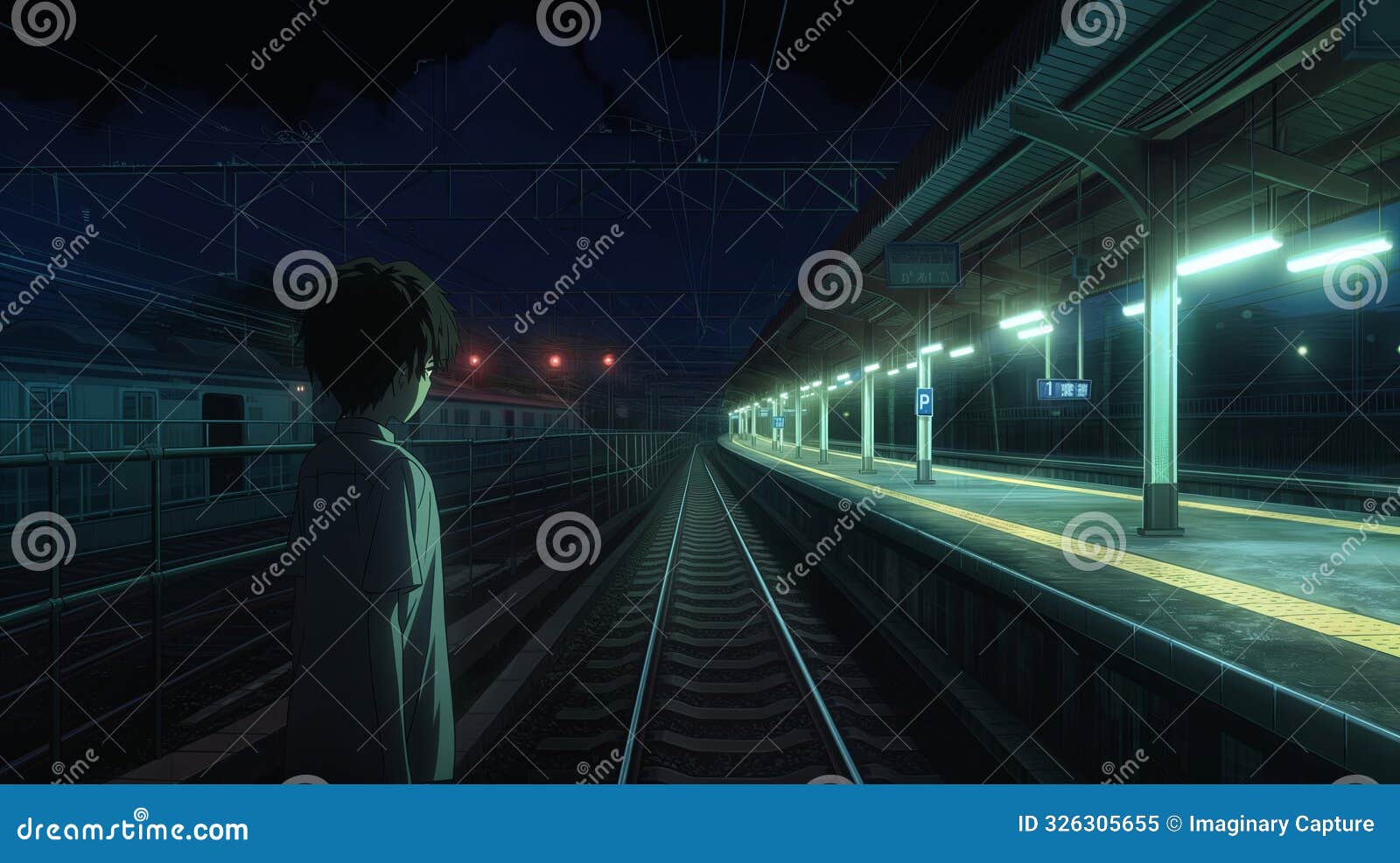 A Man Stands on a Train Platform at Night. Anime Background, Anime ...