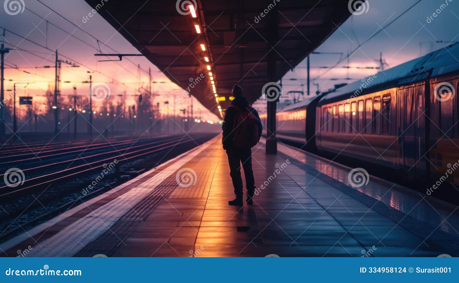 A Man Stands on a Train Platform at Night, with a Backpack on His Back ...